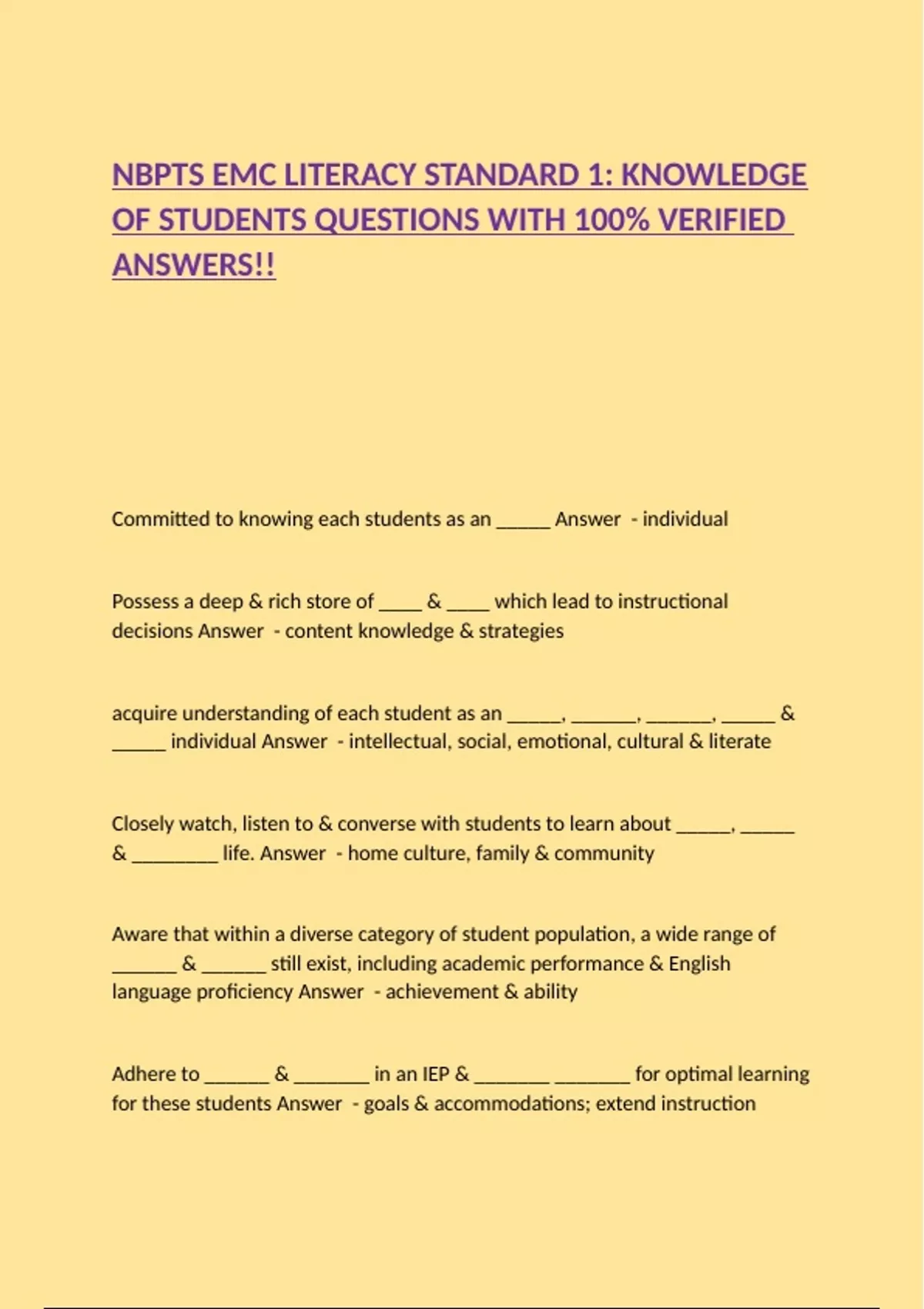 NBPTS EMC LITERACY STANDARD 1: KNOWLEDGE OF STUDENTS QUESTIONS WITH 100 ...