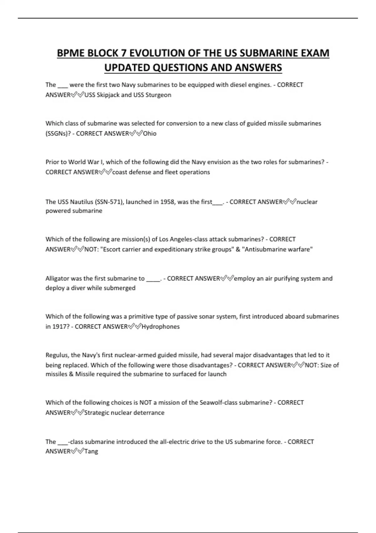 BPME BLOCK 7 EVOLUTION OF THE US SUBMARINE EXAM UPDATED QUESTIONS AND ...