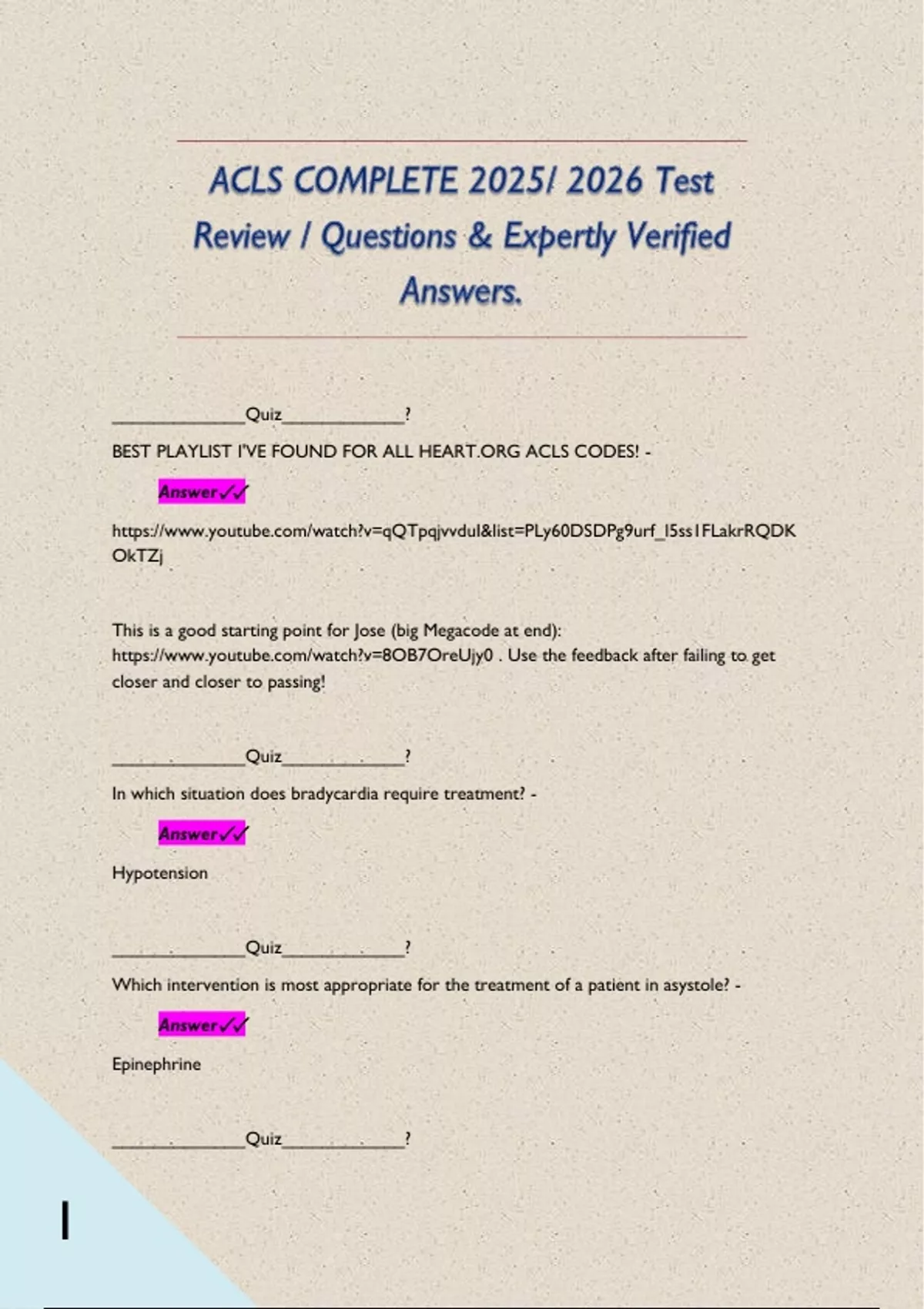 ACLS COMPLETE 2025/ 2026 Test Review / Questions & Expertly Verified ...