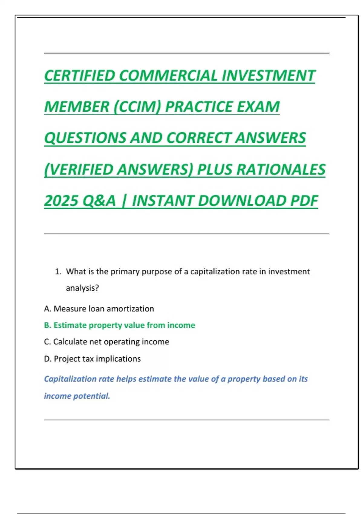 CERTIFIED COMMERCIAL INVESTMENT MEMBER (CCIM) PRACTICE EXAM QUESTIONS ...