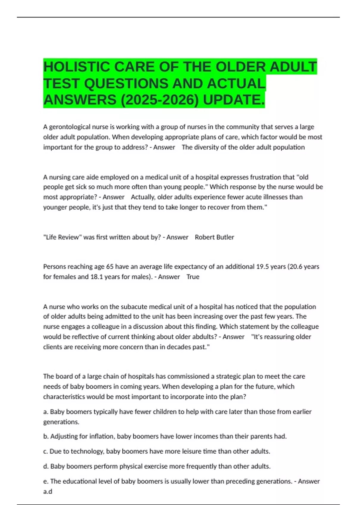 HOLISTIC CARE OF THE OLDER ADULT TEST QUESTIONS AND ACTUAL ANSWERS ...
