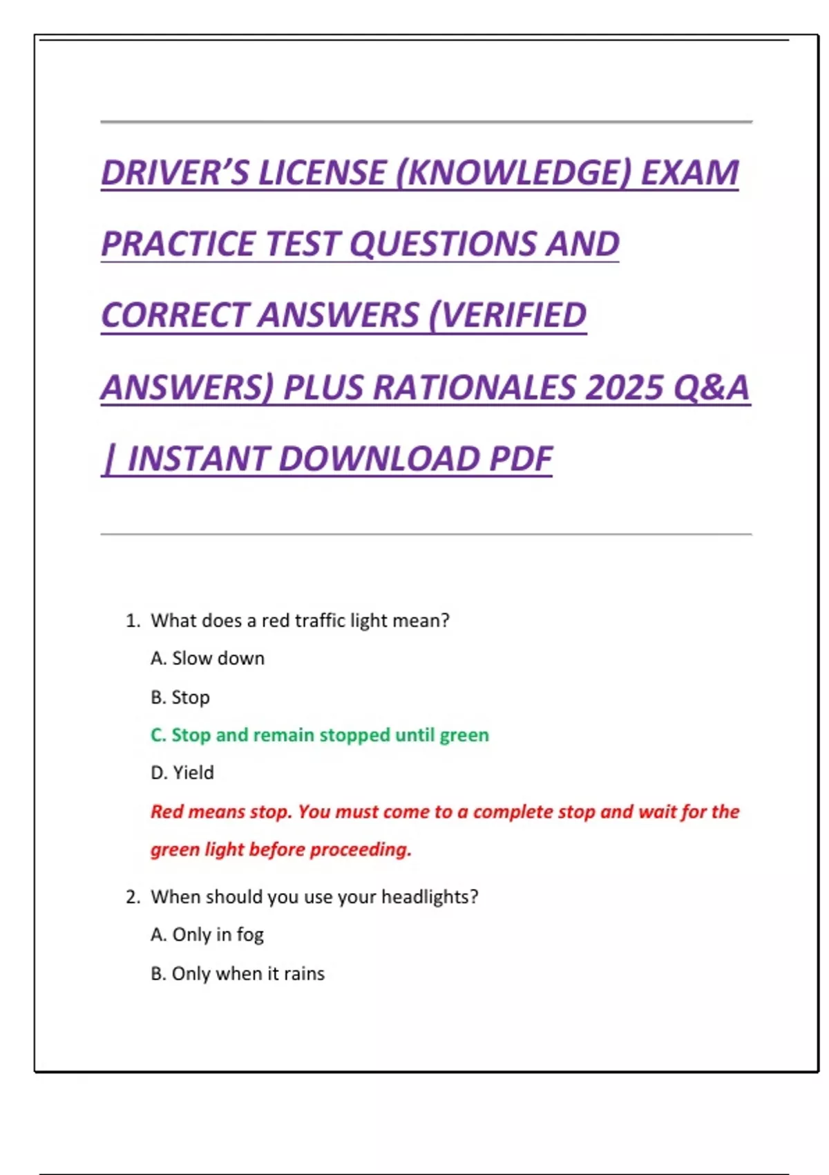 DRIVER’S LICENSE (KNOWLEDGE) EXAM PRACTICE TEST QUESTIONS AND CORRECT ...
