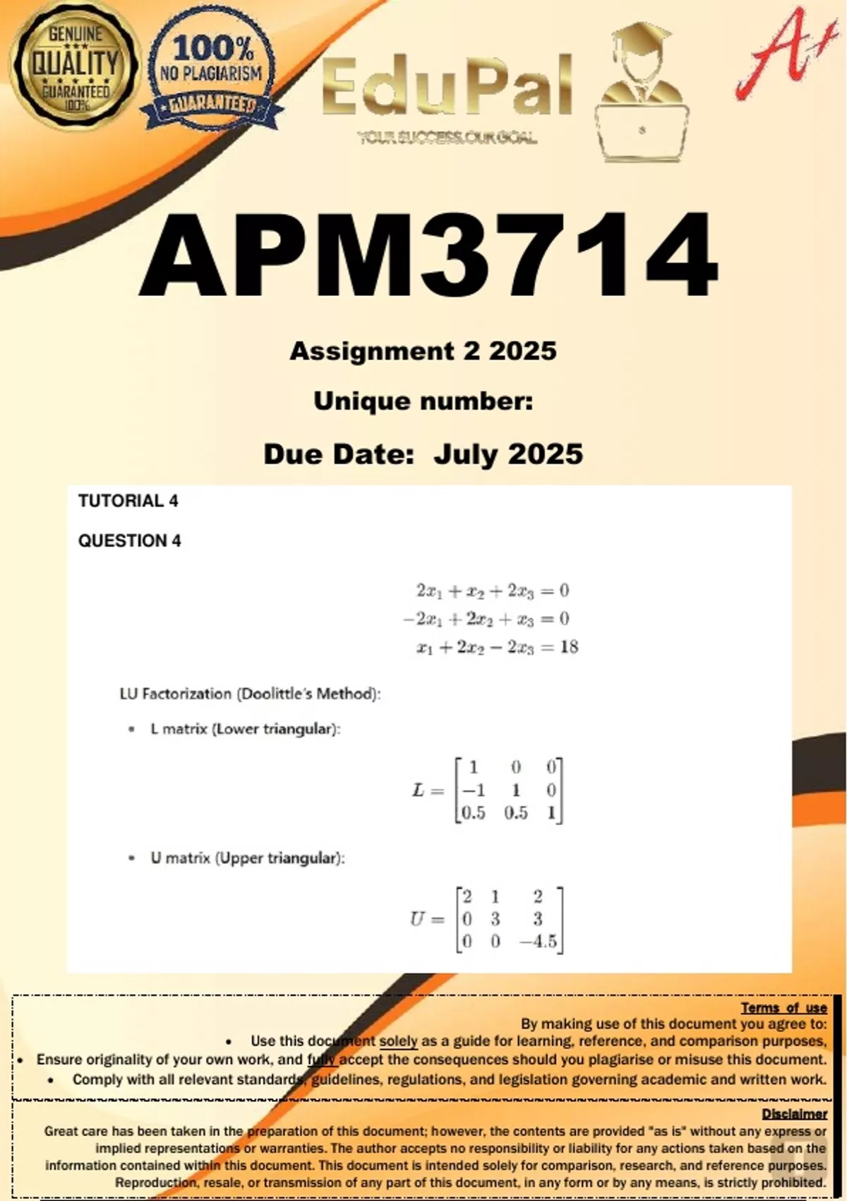 APM3714 Assignment 2 (COMPLETE ANSWERS) 2025 - DUE July 2025 - Numerical Methods (APM3714 ...