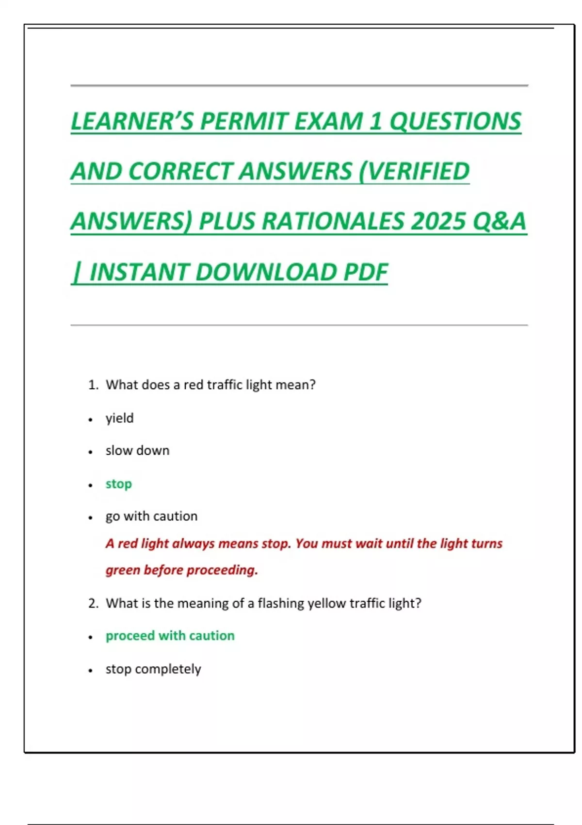 LEARNER’S PERMIT EXAM 1 QUESTIONS AND CORRECT ANSWERS (VERIFIED ANSWERS) PLUS RATIONALES 2025 Q ...