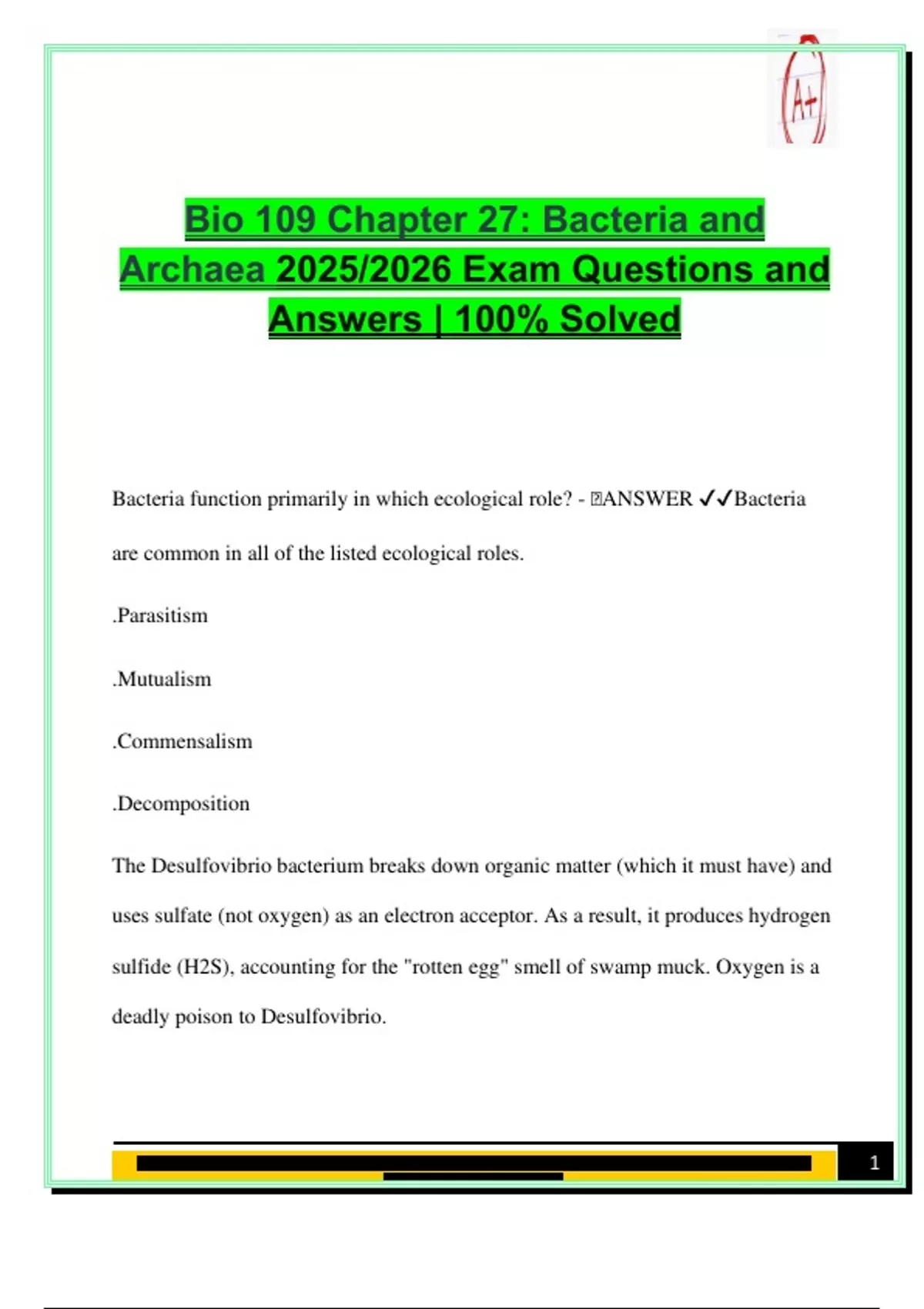 Bio 109 Chapter 27 – 40 Practice Questions with Answers on Bacteria ...