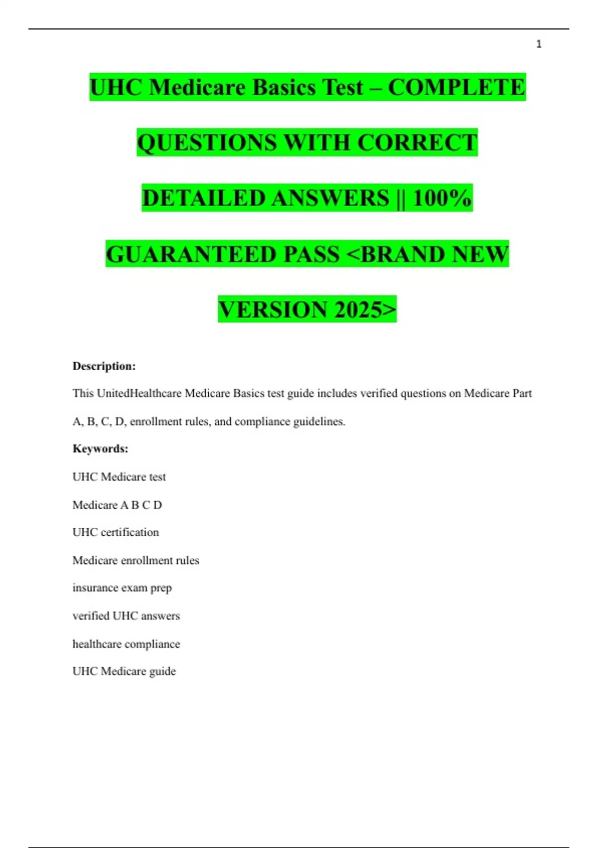UHC Medicare Basics Test – COMPLETE QUESTIONS WITH CORRECT DETAILED ...