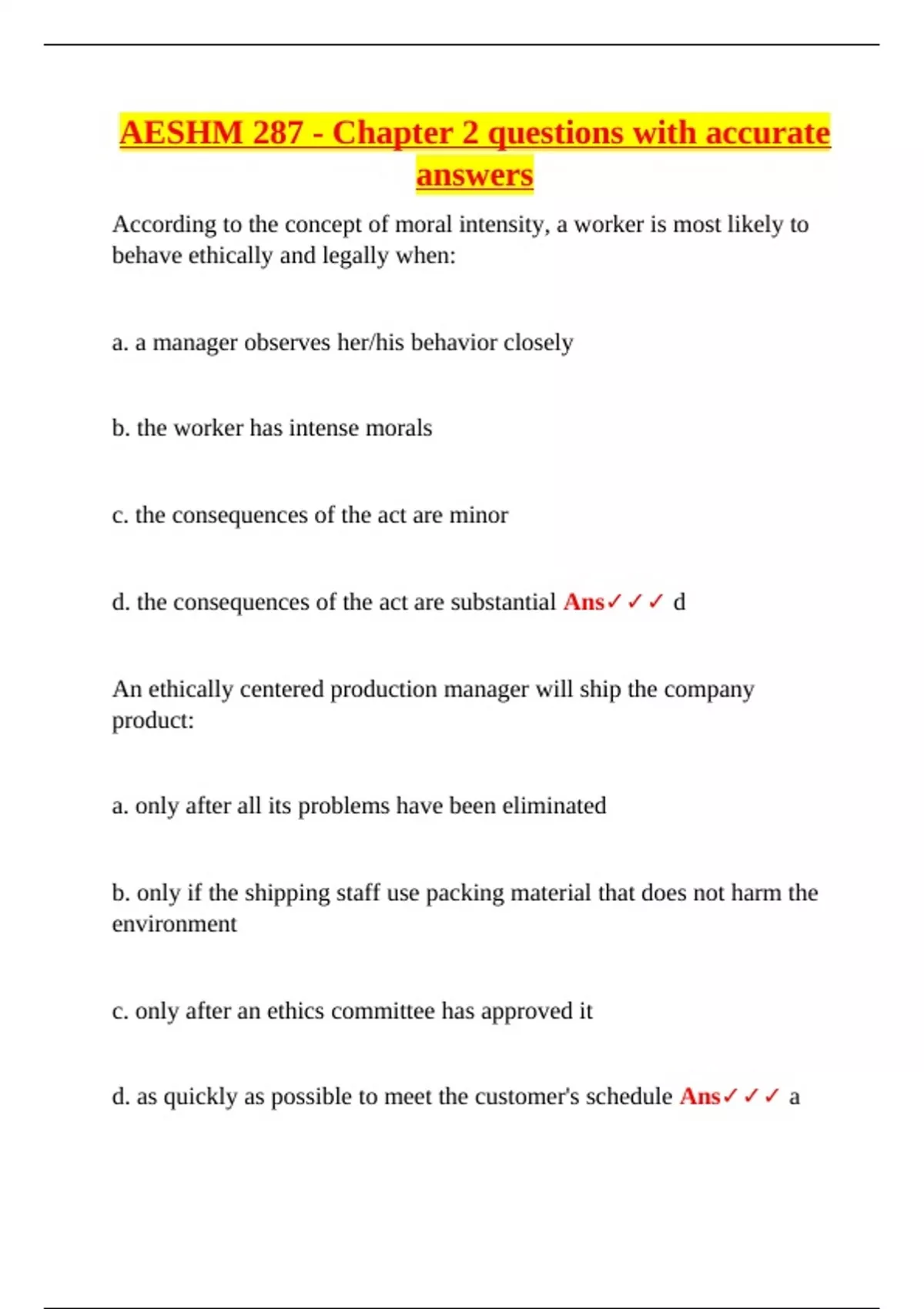 AESHM 282 – Chapter 2 Ethics and Social Responsibility Study Guide with ...