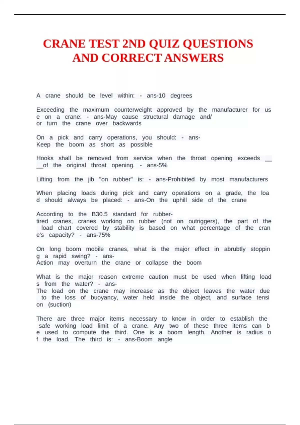 CRANE TEST 2ND QUIZ QUESTIONS AND CORRECT ANSWERS - General Crane ...