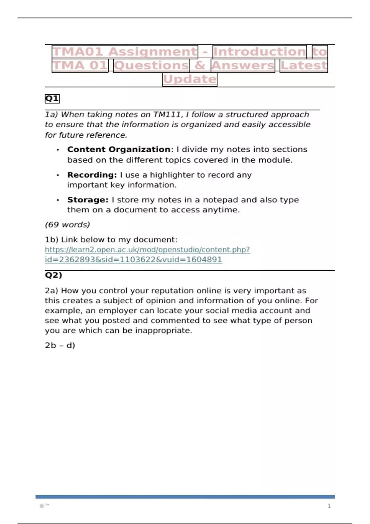 TMA01 Assignment - Introduction to TMA 01 Questions & Answers Latest ...