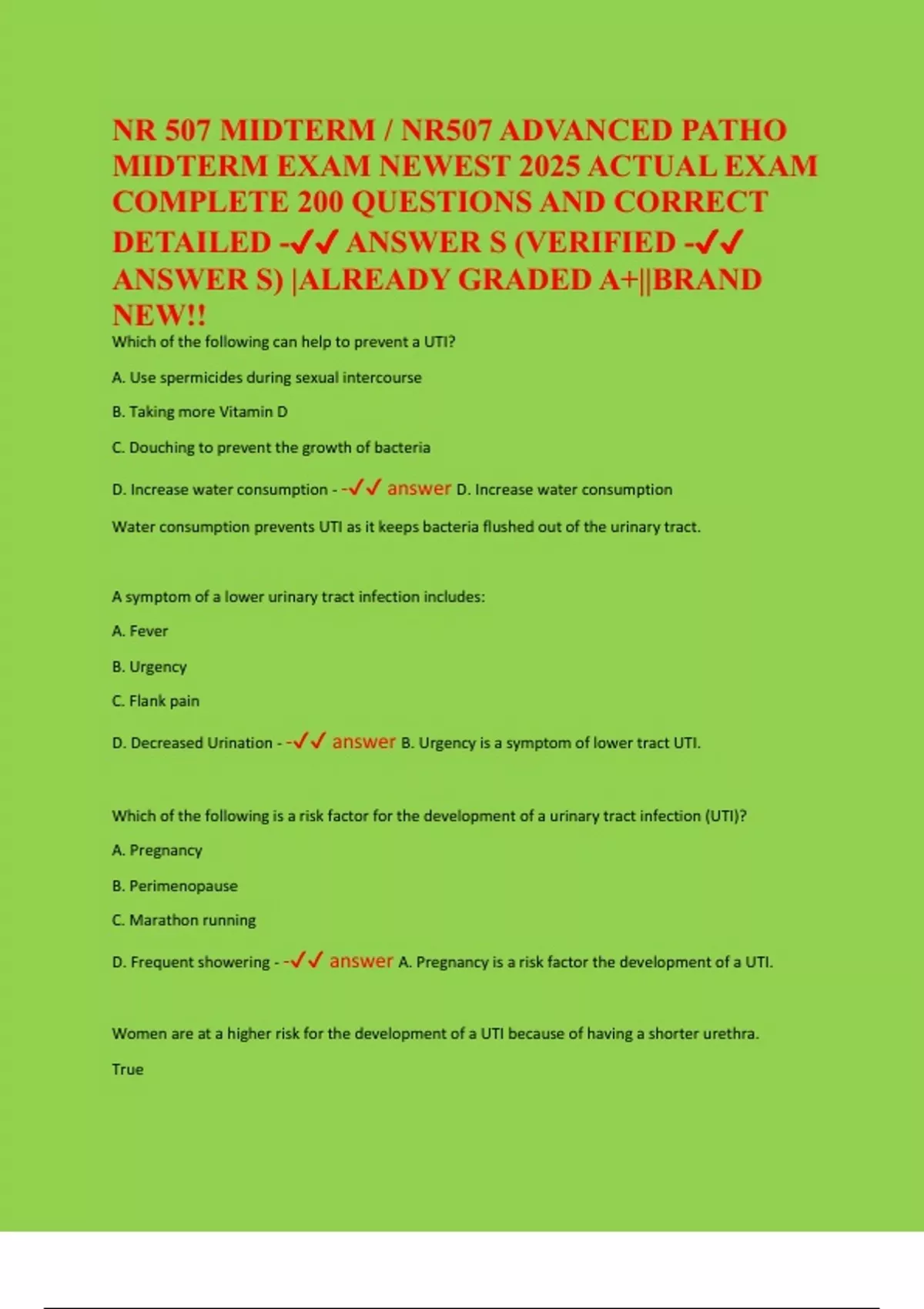 “NR 507 Advanced Pathophysiology Midterm Exam | 200 Verified Questions ...