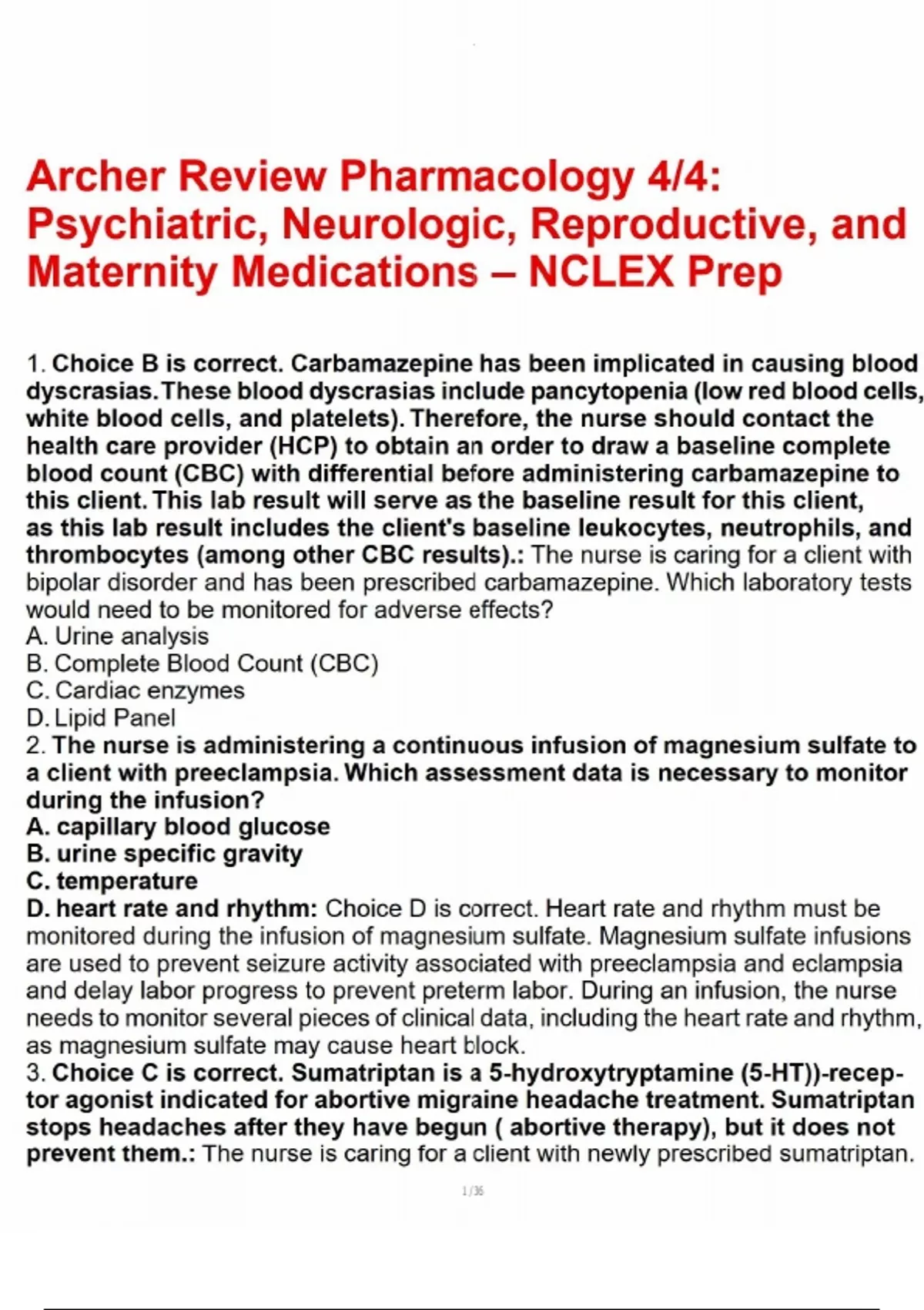 Archer Review Pharmacology 4-4 Psychiatric, Neurologic, Reproductive ...