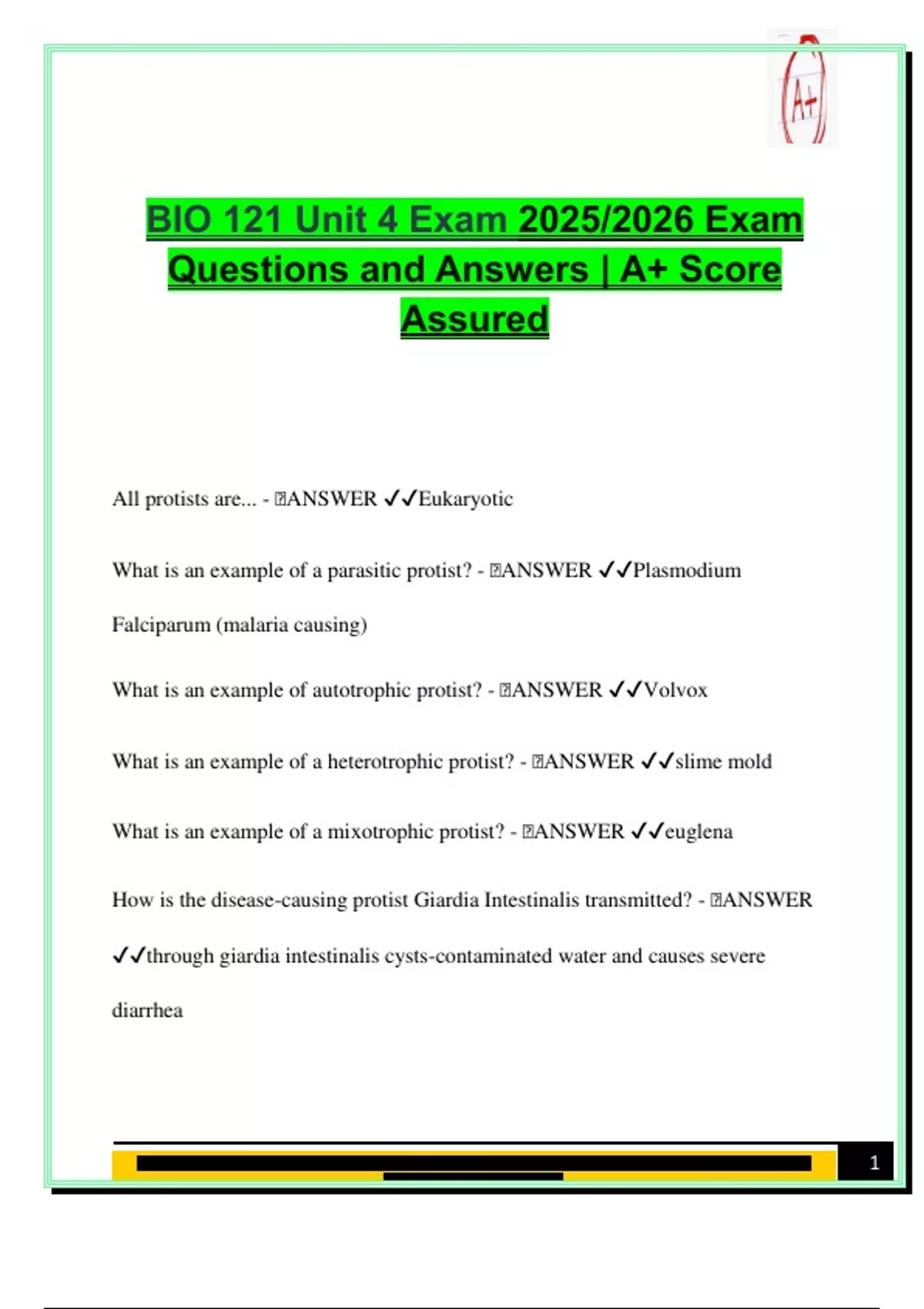 BIO 121 Unit 4 Exam (2025/2026) – 100+ Verified Q&As on Protists, Fungi, Plant Evolution, Xylem ...