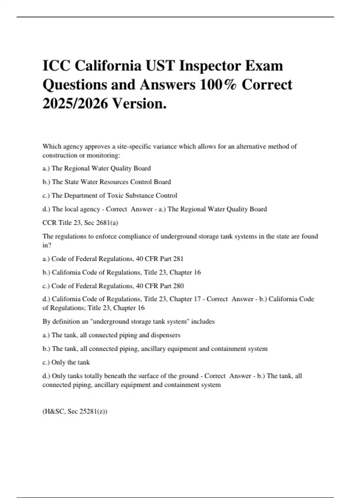 ICC California UST Inspector Exam Questions and Answers 100% Correct ...