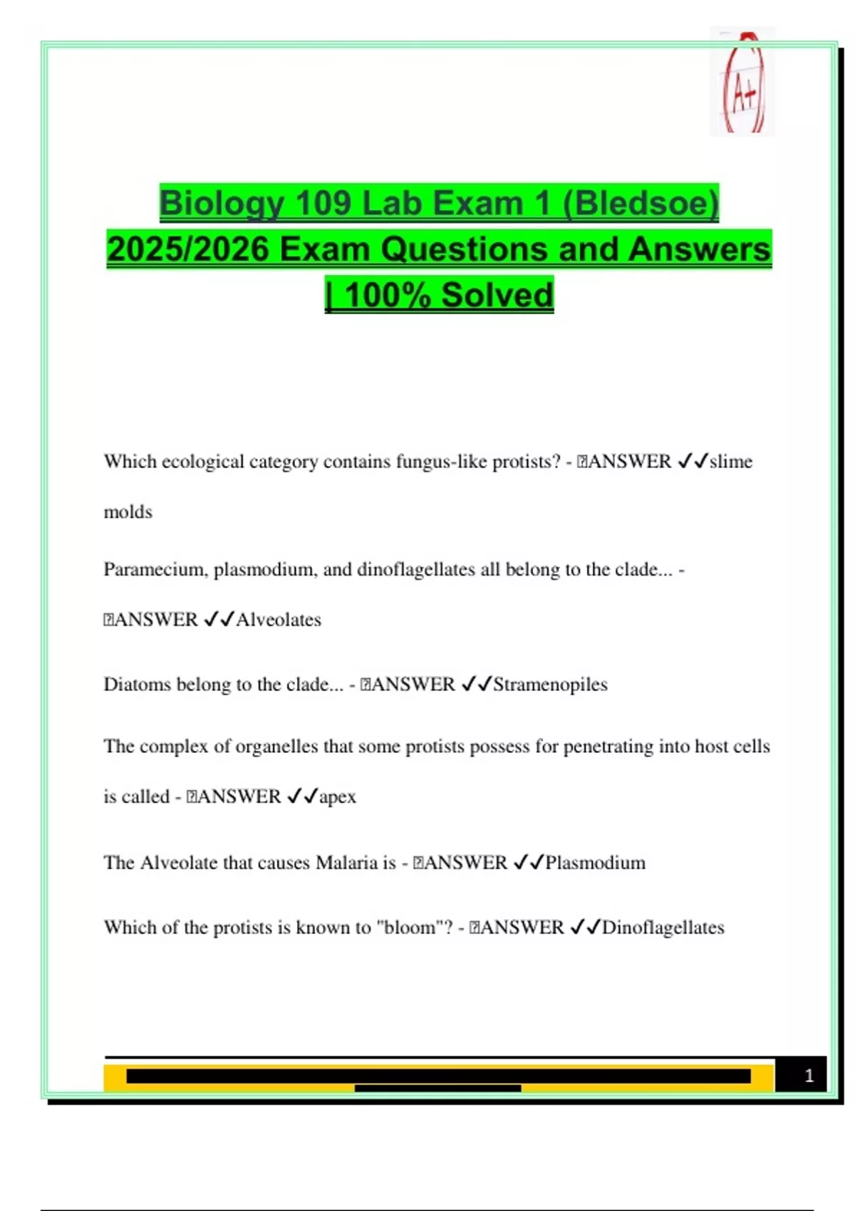 Biology 109 – Lab Exam 1 (80+ Solved Questions) | 2025/2026 Practical ...