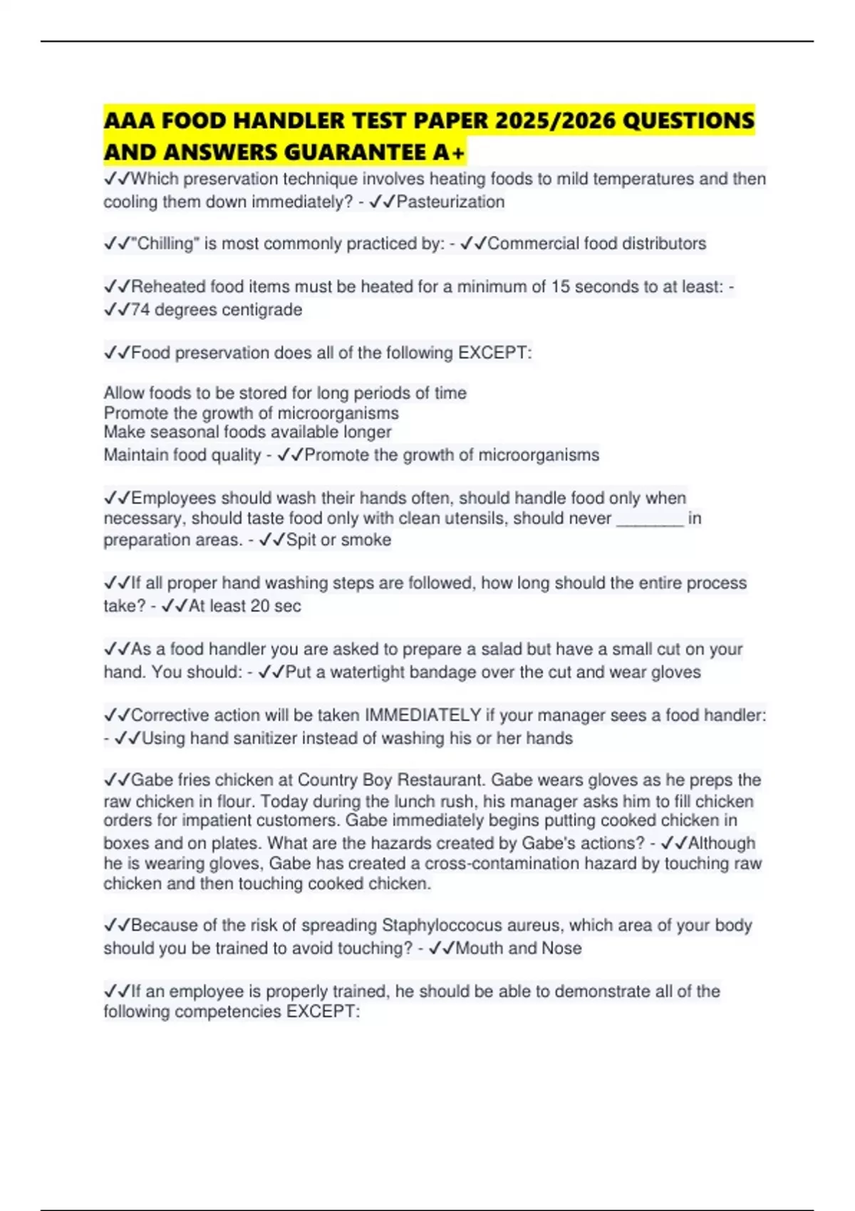 AAA FOOD HANDLER TEST PAPER 2025.pdf - AAA food handler - Stuvia US