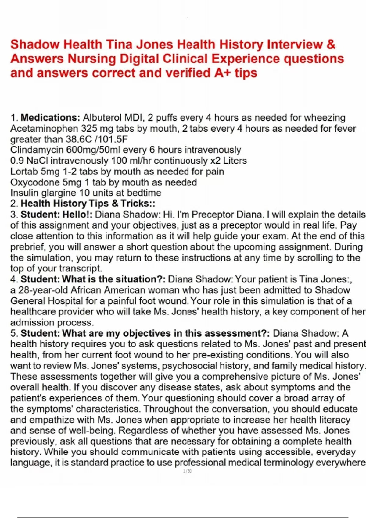 Shadow Health Tina Jones Health History Interview & Answers Nursing ...