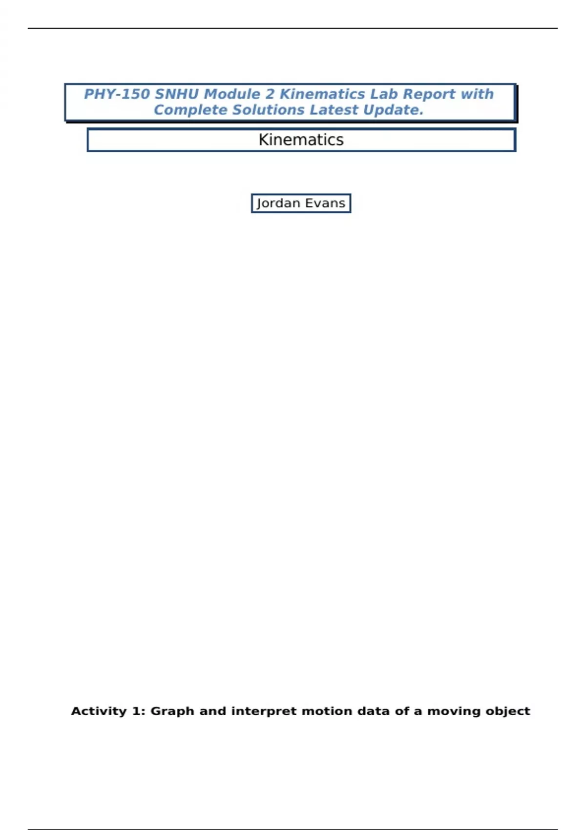 PHY-150 SNHU Module 2 Kinematics Lab Report with Complete Solutions ...