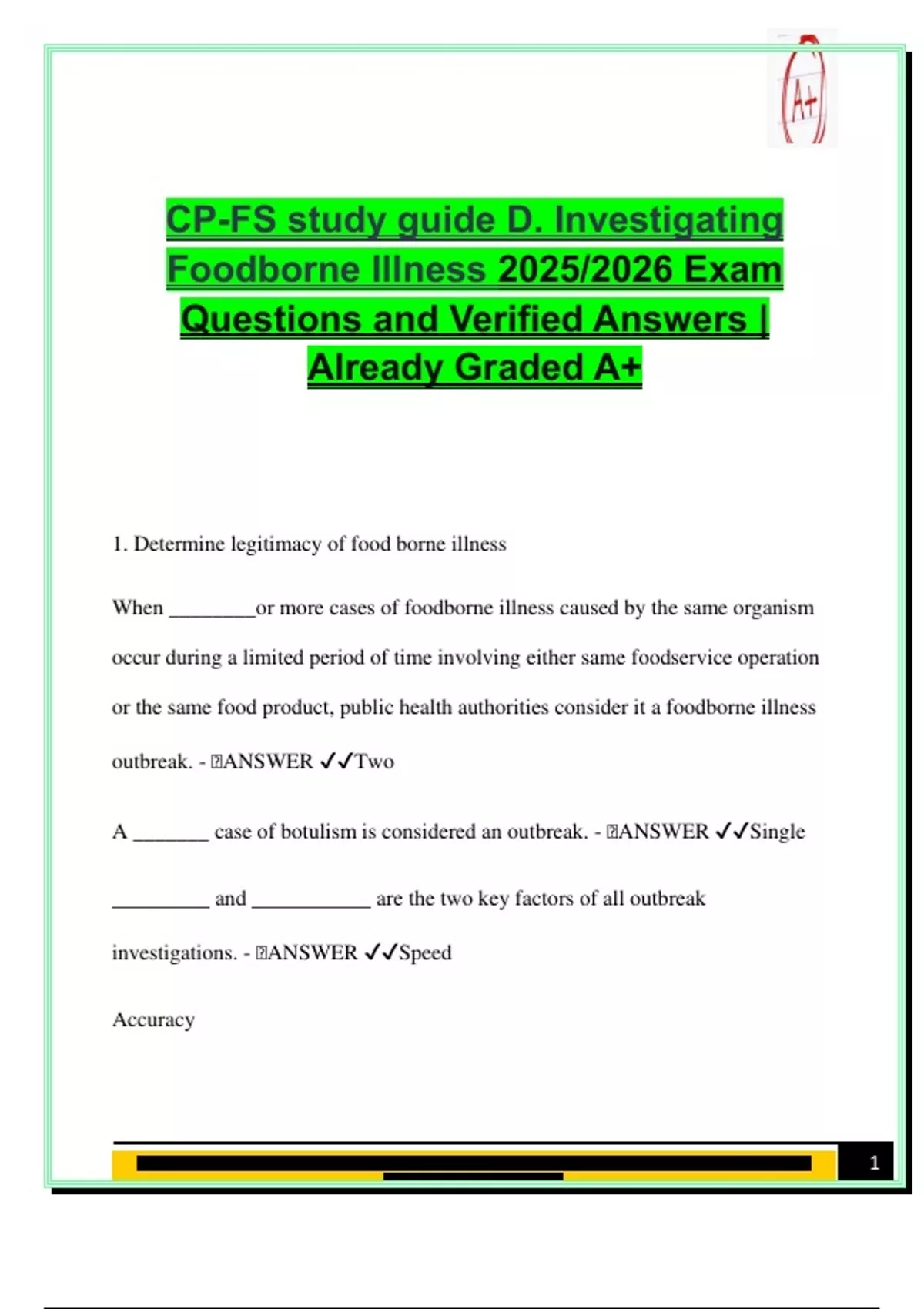 P-FS Study Guide – Foodborne Illness Investigation (2025/2026) | Verified A+ Answers on Outbreak ...