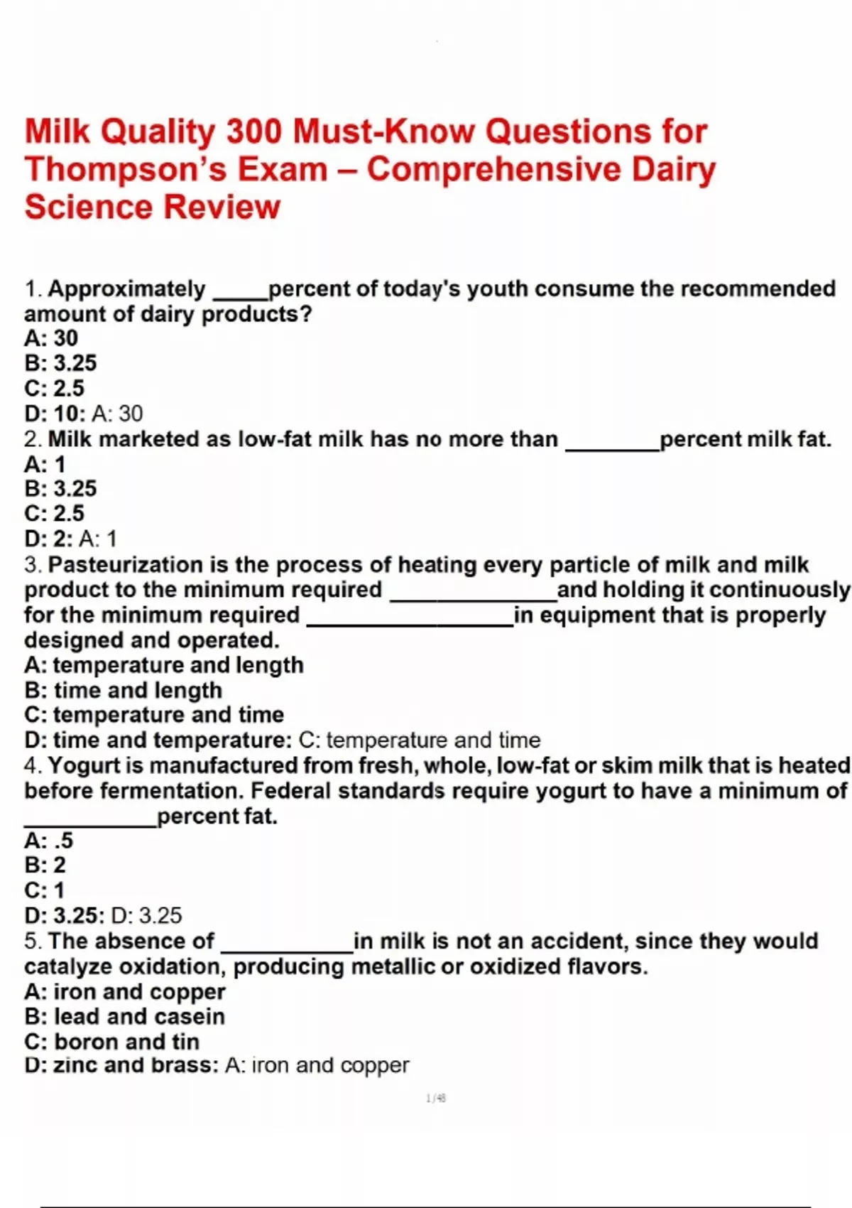 Milk Quality 300 Must-Know Questions for Thompson’s Exam ...