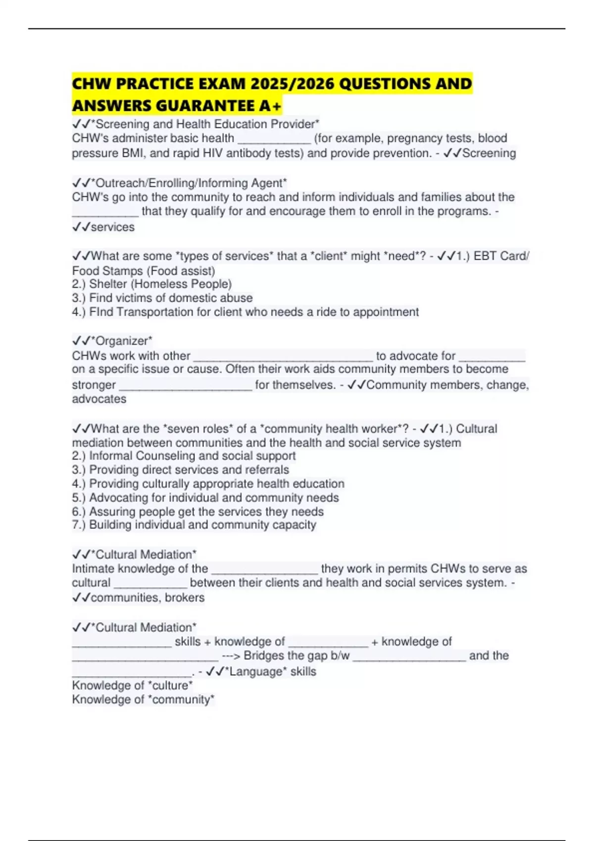 CHW PRACTICE EXAM 2025/2026 QUESTIONS AND ANSWERS GUARANTEE A+ - CHW ...