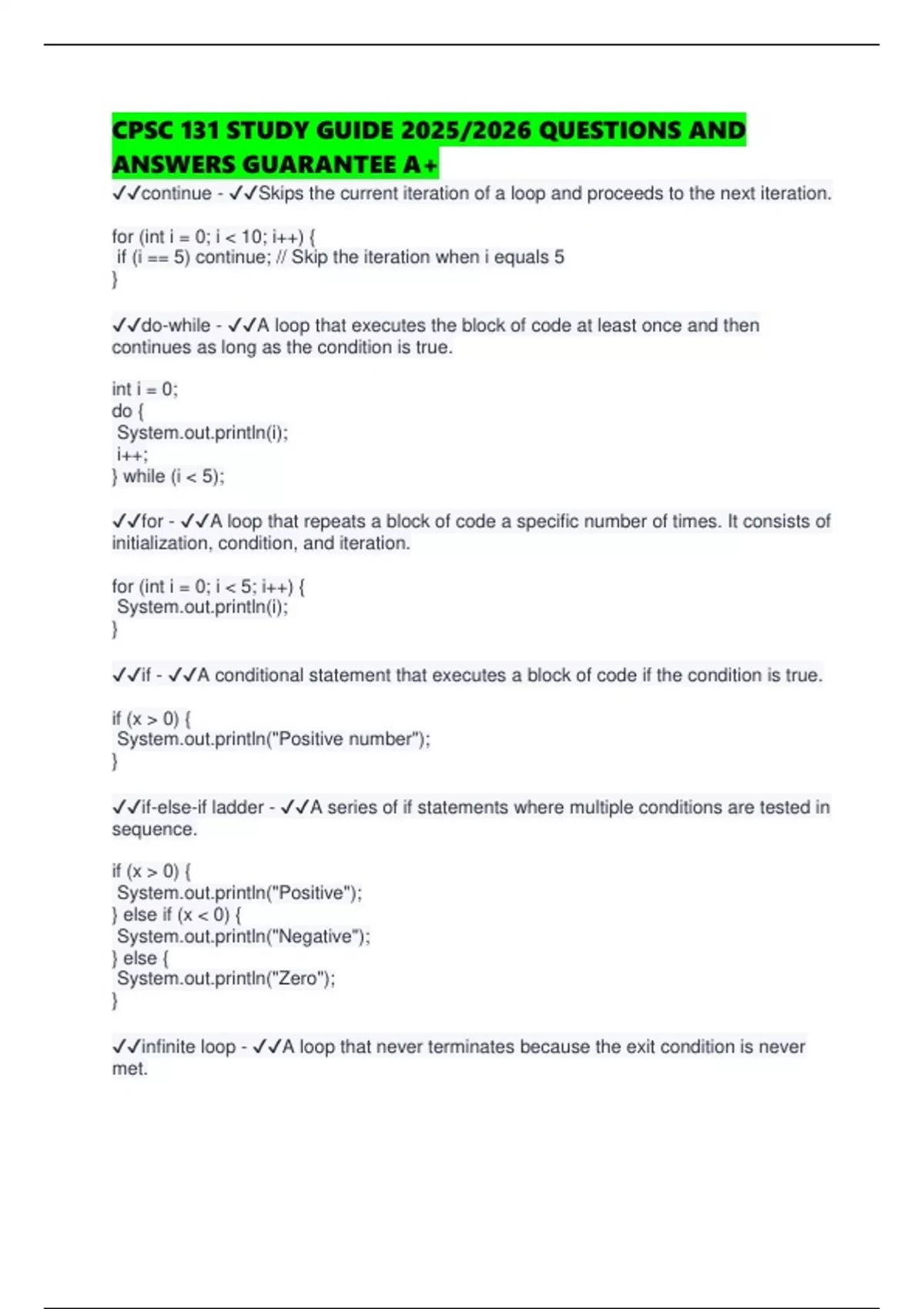 CPSC 131 STUDY GUIDE 2025/2026 QUESTIONS AND ANSWERS GUARANTEE A+ - CPSC 131 - Stuvia US