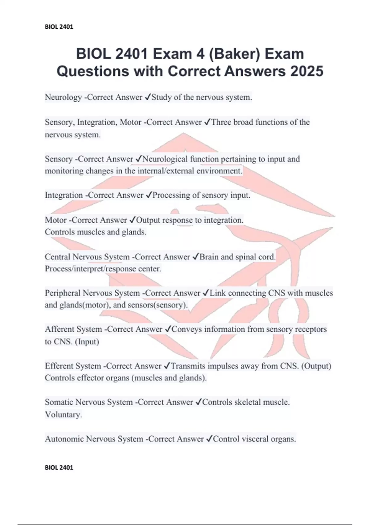 BIOL 2401 Exam 4 (Baker) Exam Questions with Correct Answers 2025 - BIOL 2401 - Stuvia US