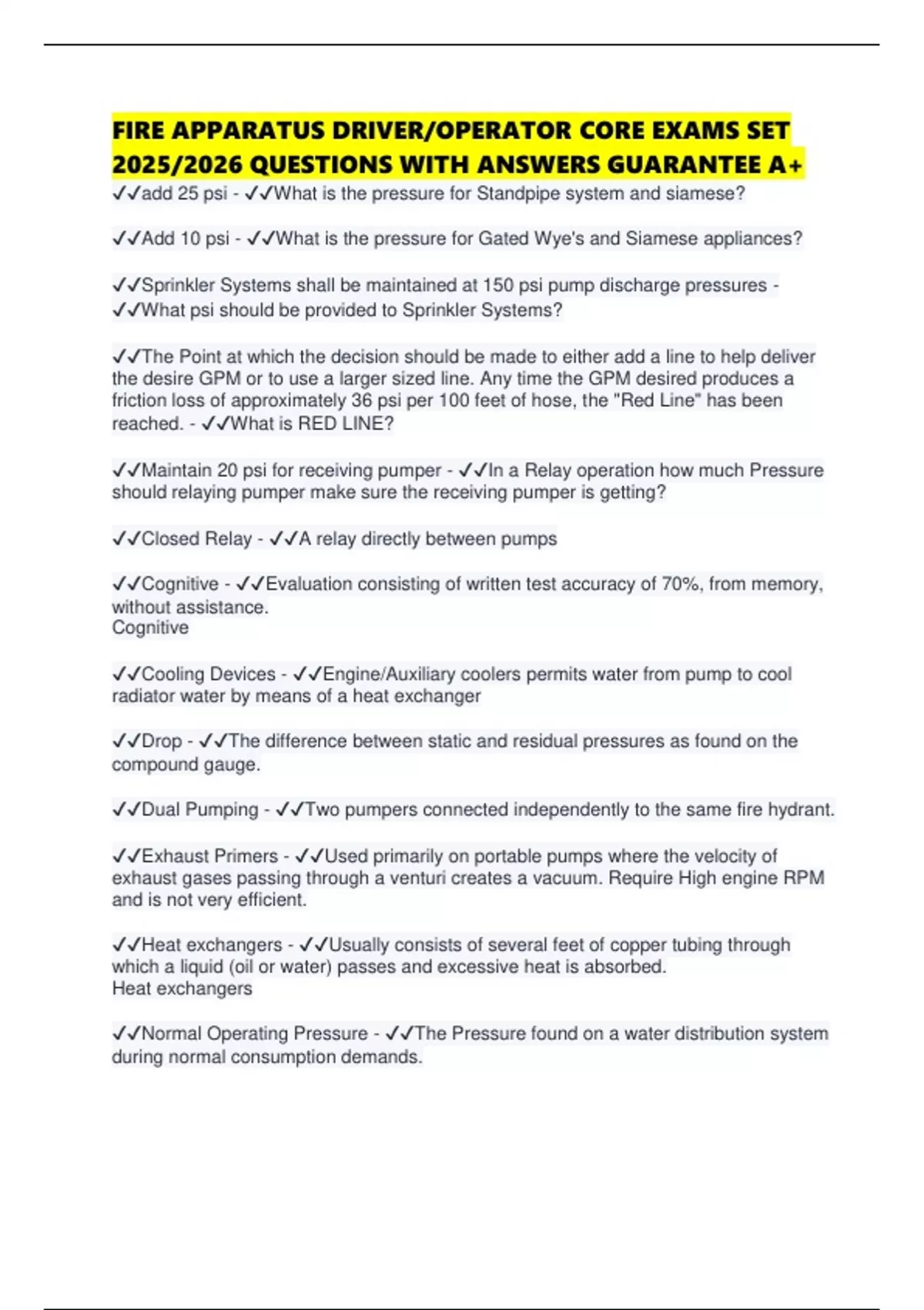 FIRE APPARATUS DRIVER/OPERATOR CORE EXAMS SET 2025/2026 QUESTIONS WITH ANSWERS GUARANTEE A+ ...