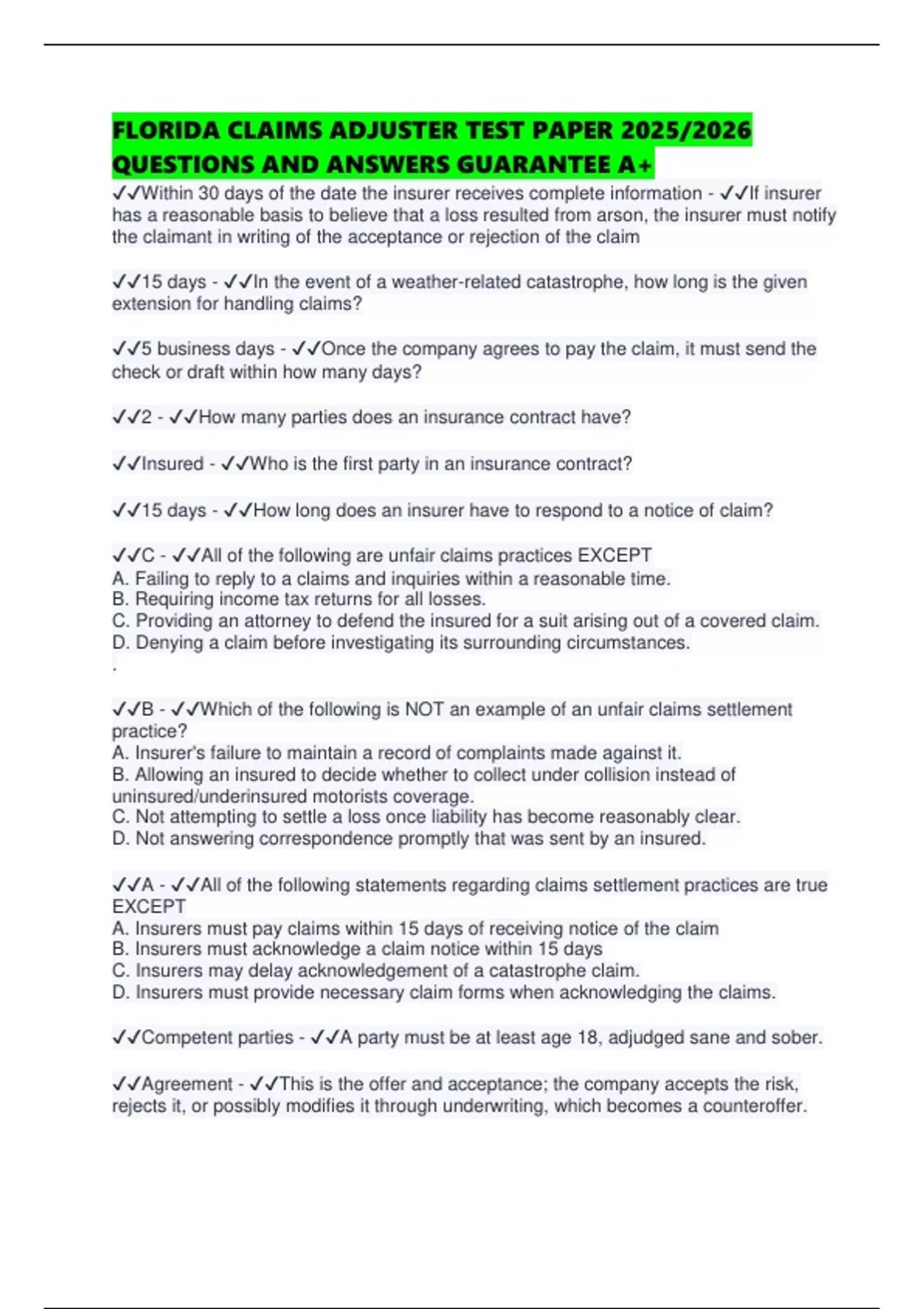 FLORIDA CLAIMS ADJUSTER TEST PAPER 2025/2026 QUESTIONS AND ANSWERS ...