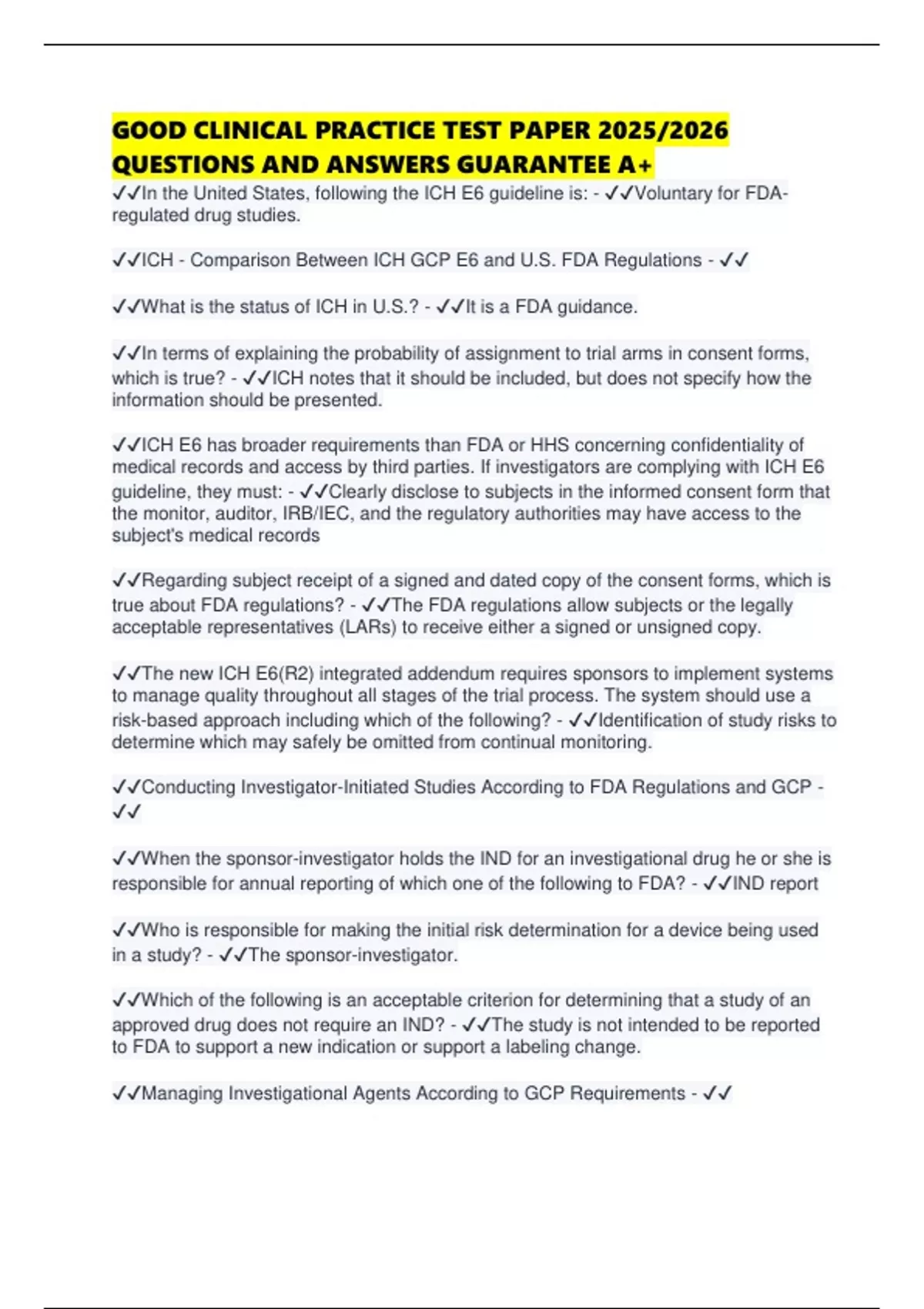 GOOD CLINICAL PRACTICE TEST PAPER 2025/2026 QUESTIONS AND ANSWERS ...