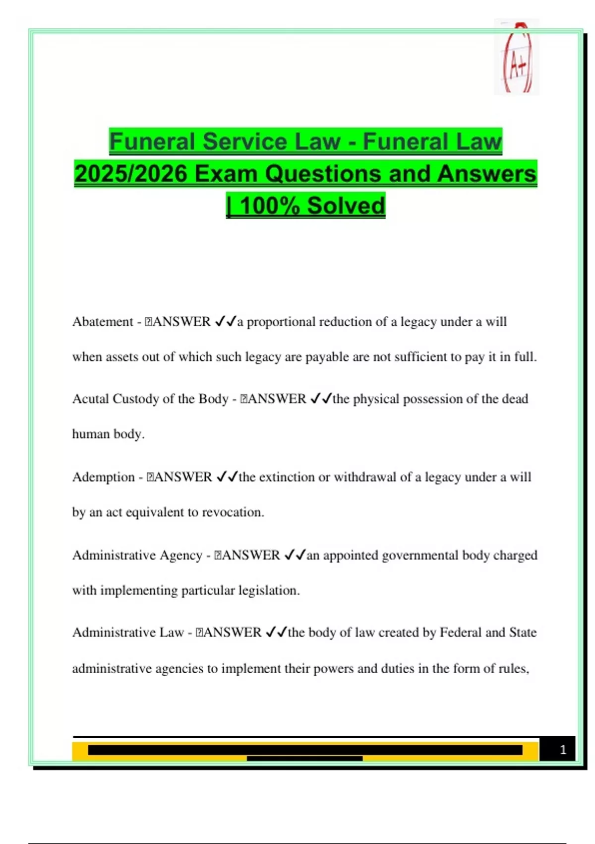 Funeral Service Law Exam 2025/2026 | 100% Solved Guide on Wills, Quasi ...