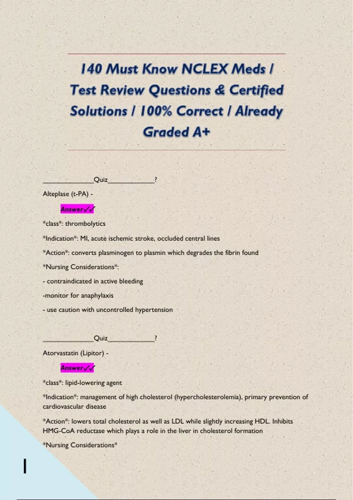 140 Must Know NCLEX Meds / Test Review Questions & Certified Solutions ...