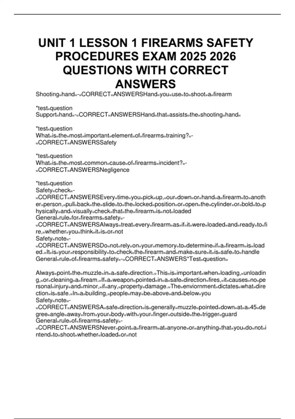 UNIT 1 LESSON 1 FIREARMS SAFETY PROCEDURES EXAM QUESTIONS WITH CORRECT ...