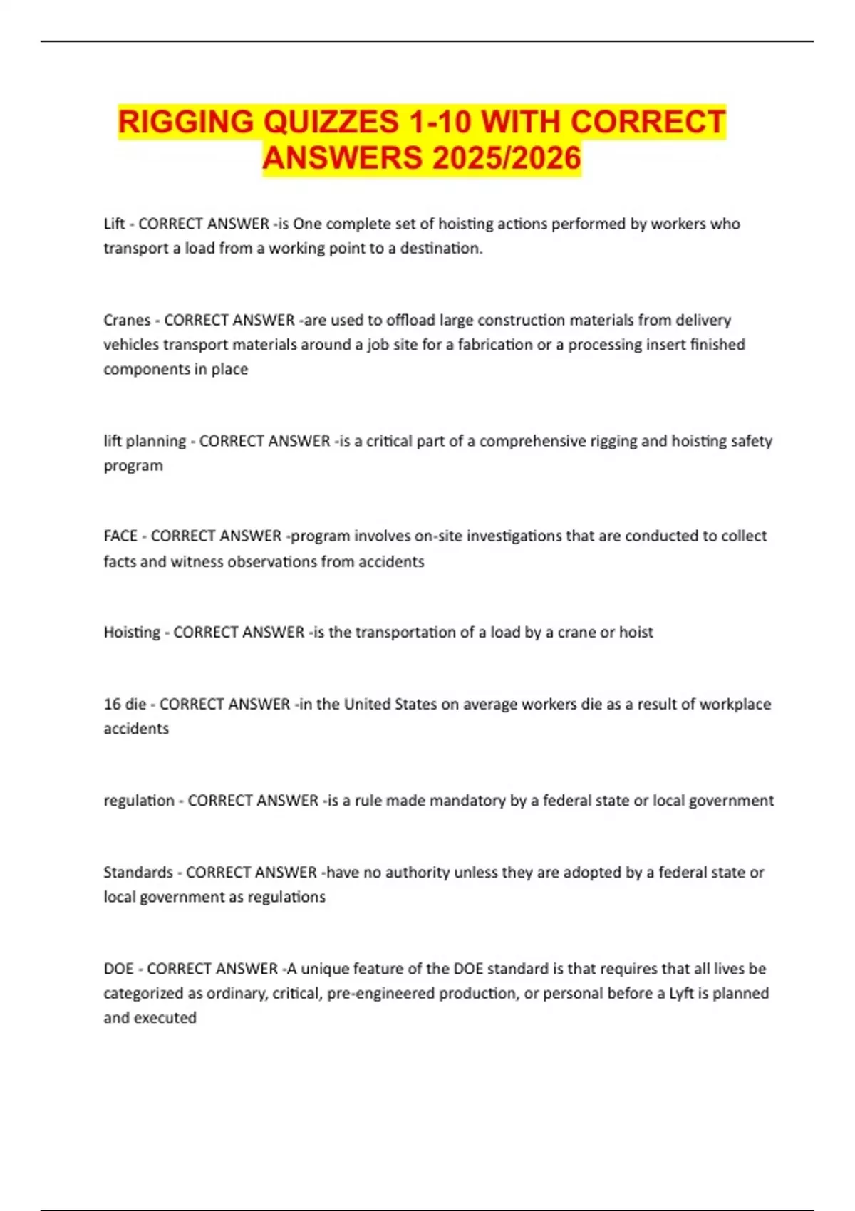 RIGGING QUIZZES 1-10 WITH CORRECT ANSWERS 2025/2026 - ADVANCED RIGGING ...