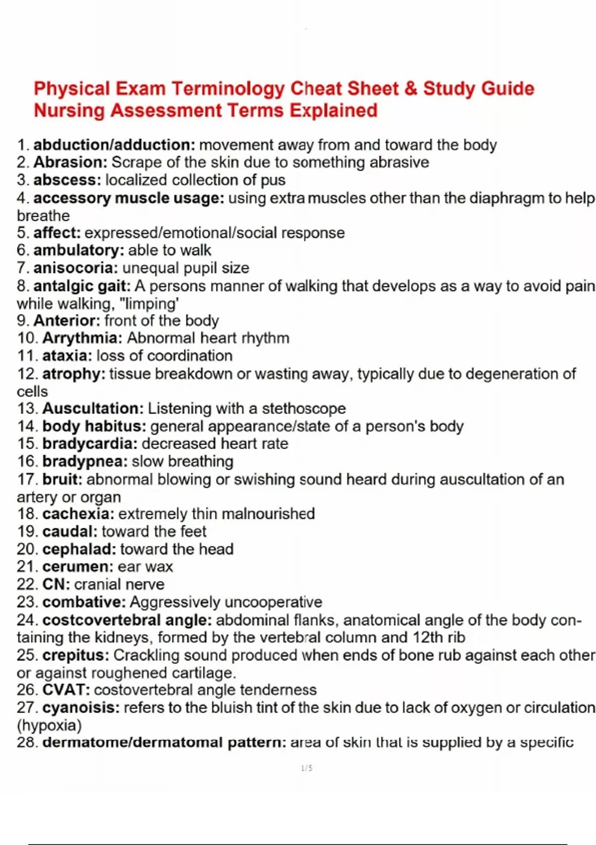 Physical Exam Terminology Cheat Sheet & Study Guide Nursing Assessment ...