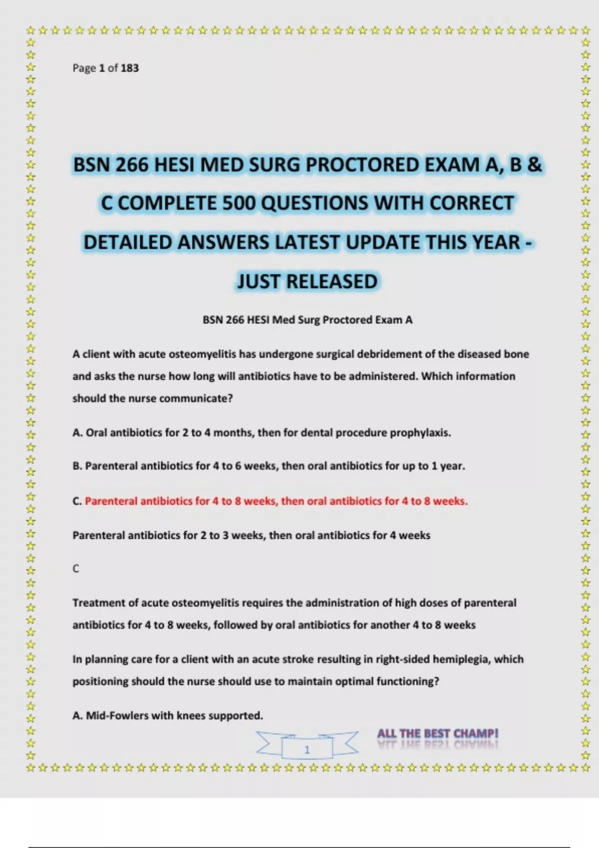 BSN 266 HESI MED SURG PROCTORED EXAM A, B & C COMPLETE 500 QUESTIONS ...