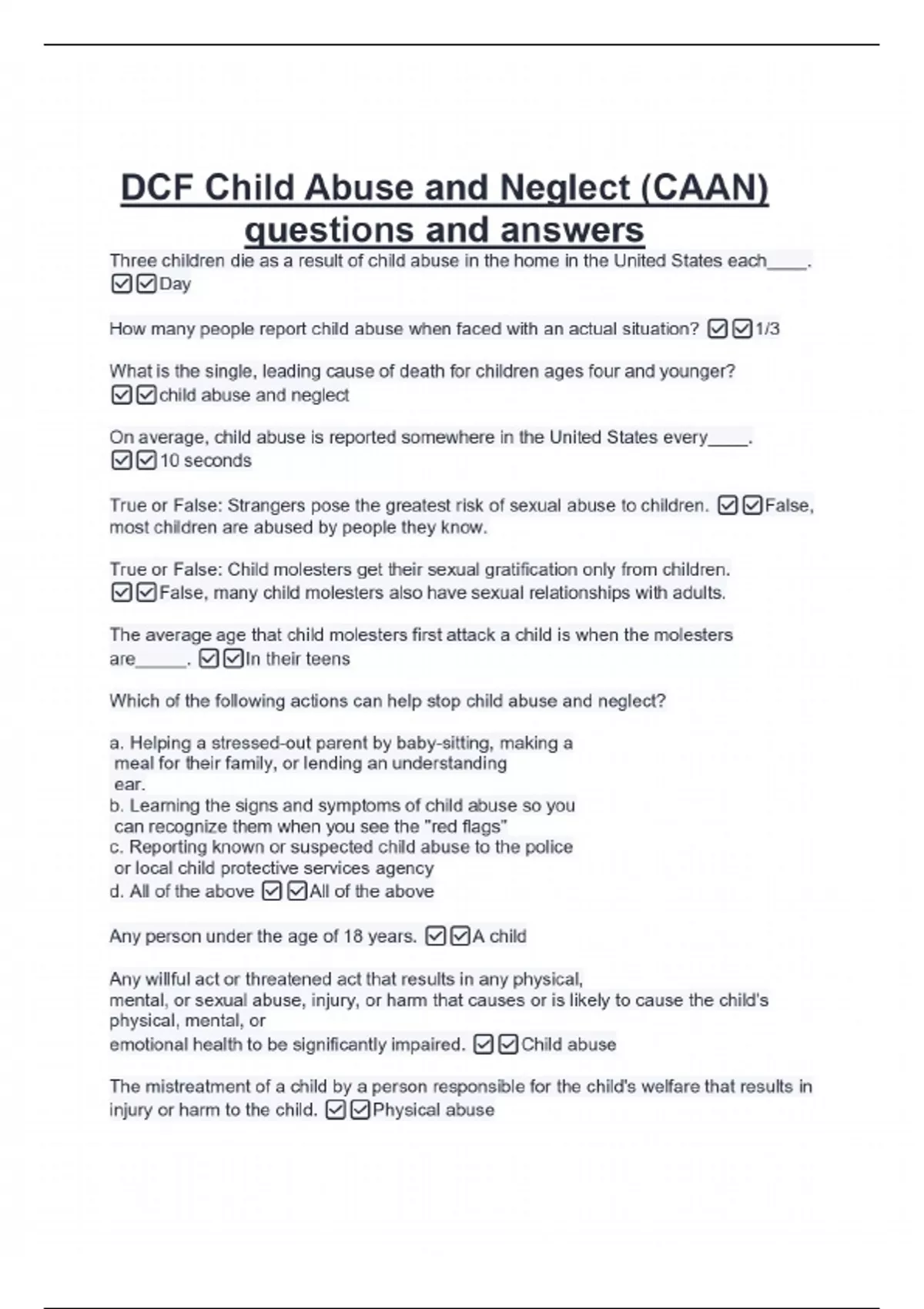 DCF Child Abuse and Neglect (CAAN) questions and answers - CM 2113 ...
