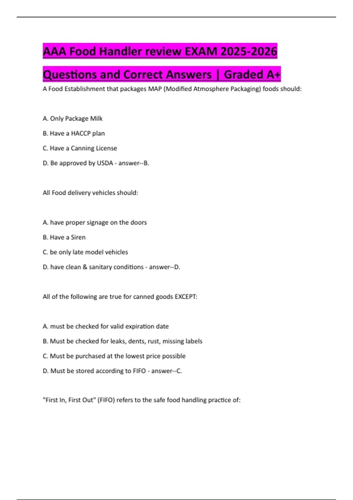 AAA Food Handler review EXAM Questions and Correct Answers | Graded A+ ...