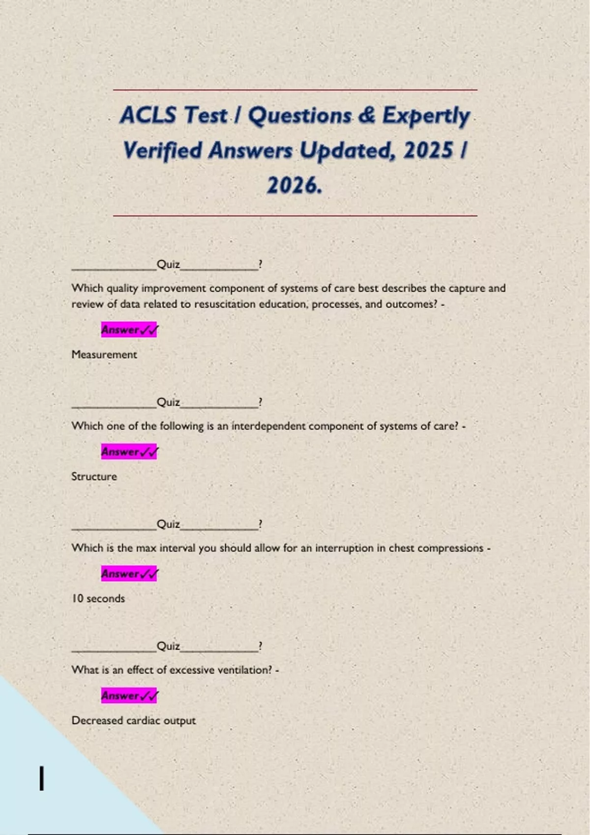 ACLS Test / Questions & Expertly Verified Answers Updated, 2025 / 2026 ...