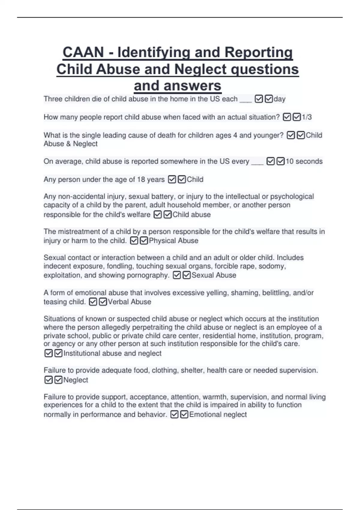CAAN - Identifying and Reporting Child Abuse and Neglect questions and answers - Cm2113 - Stuvia US