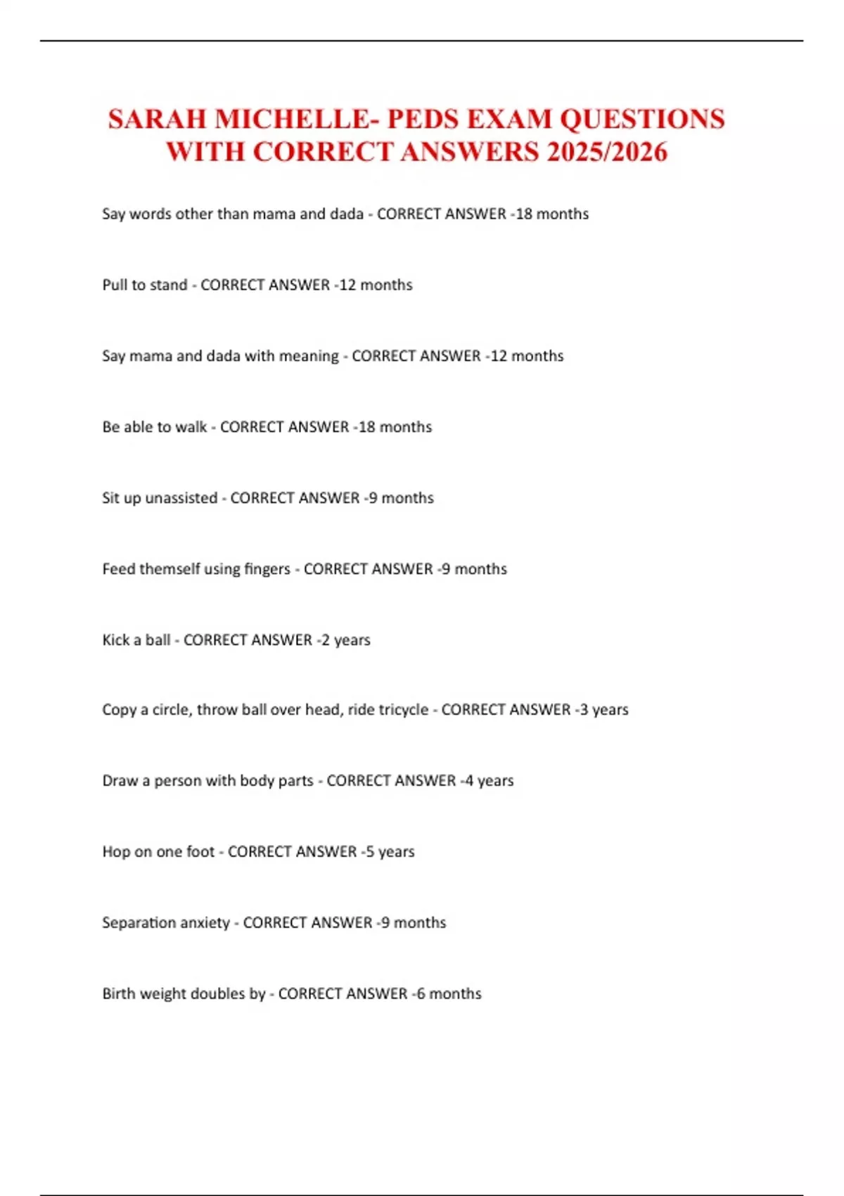 SARAH MICHELLE- PEDS EXAM QUESTIONS WITH CORRECT ANSWERS 2025/2026 ...