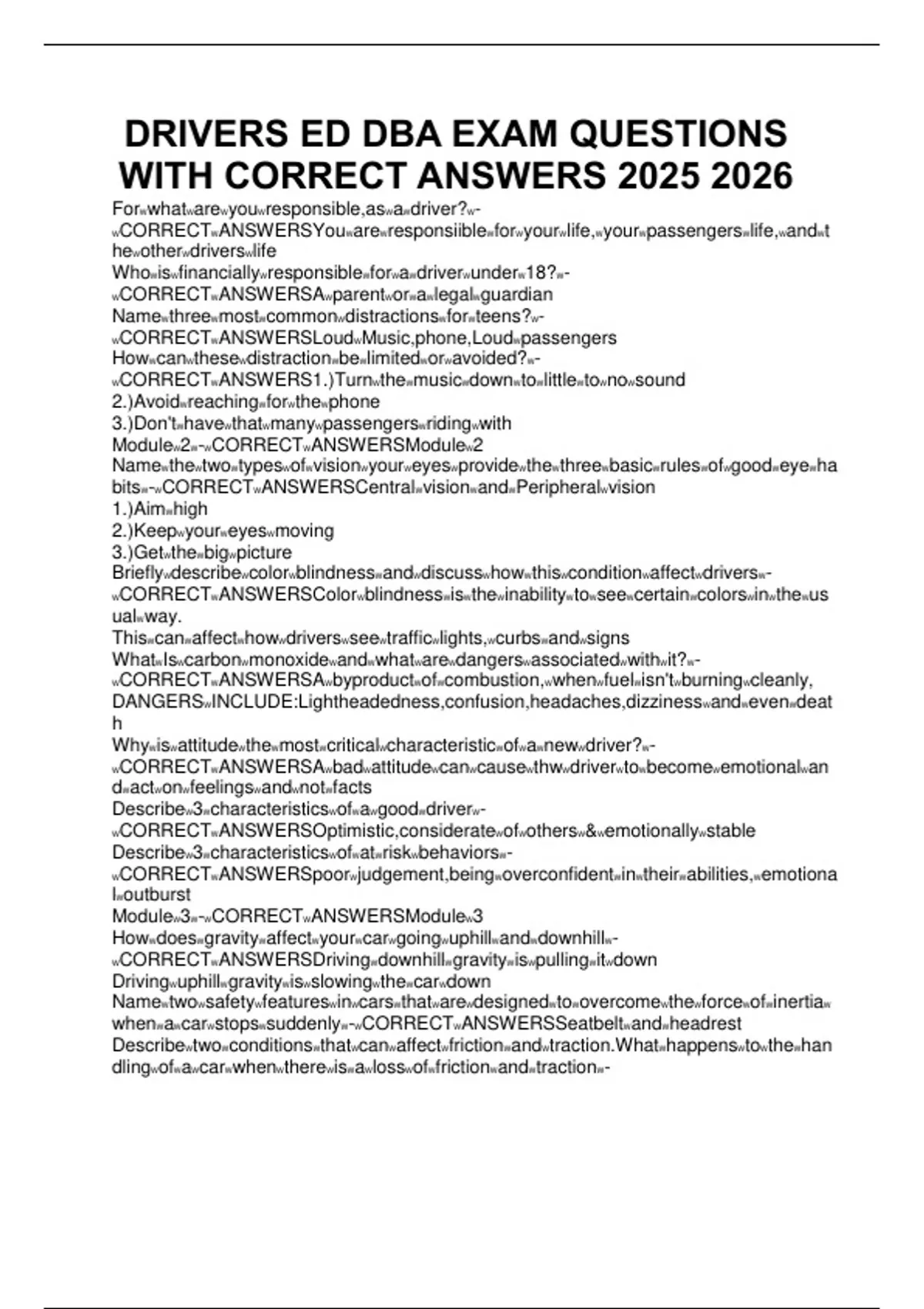 DRIVERS ED DBA EXAM QUESTIONS WITH CORRECT ANSWERS . - Drivers ed ...