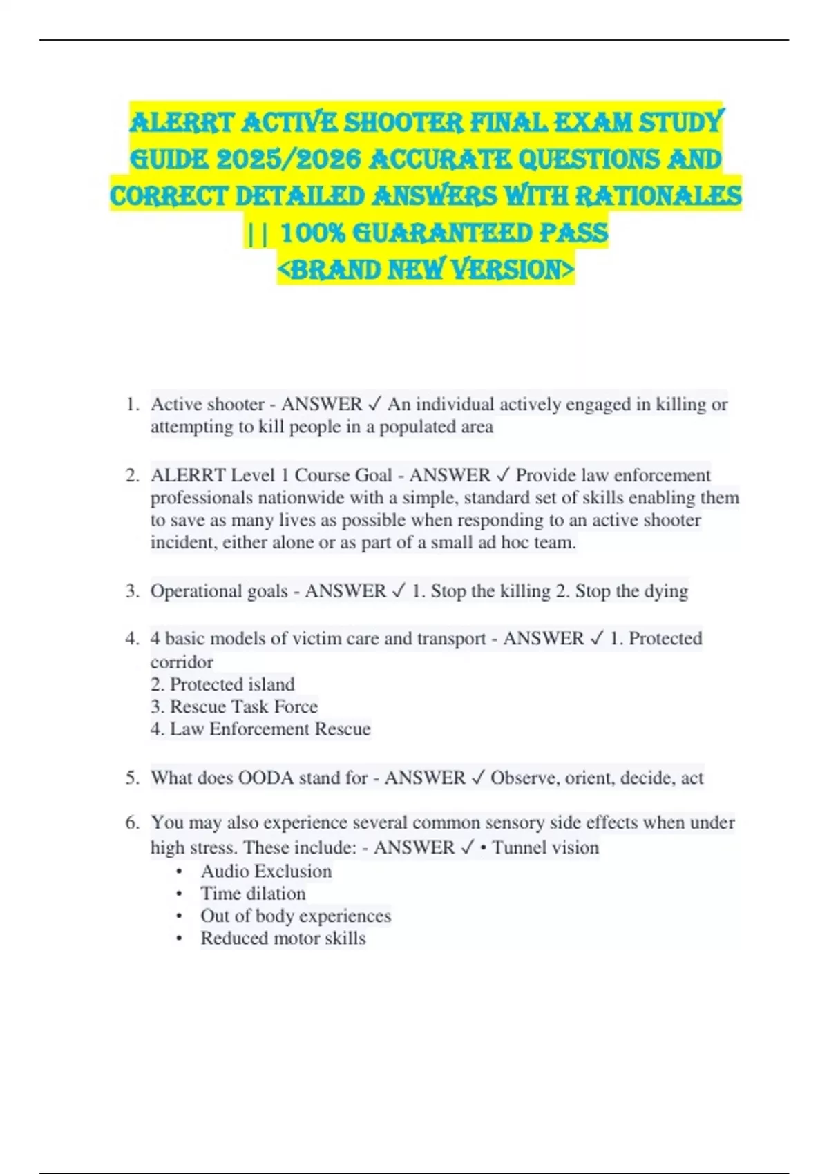 ALERRT Active Shooter FINAL EXAM STUDY GUIDE 2025/2026 ACCURATE ...