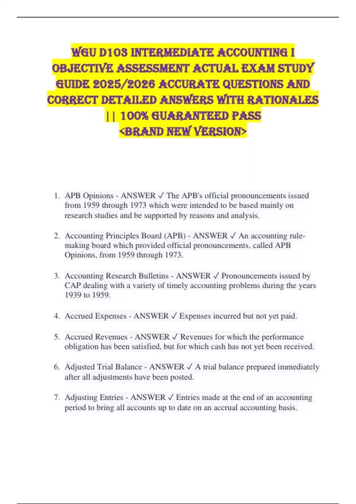 WGU D103 Intermediate Accounting I OBJECTIVE ASSESSMENT ACTUAL EXAM ...