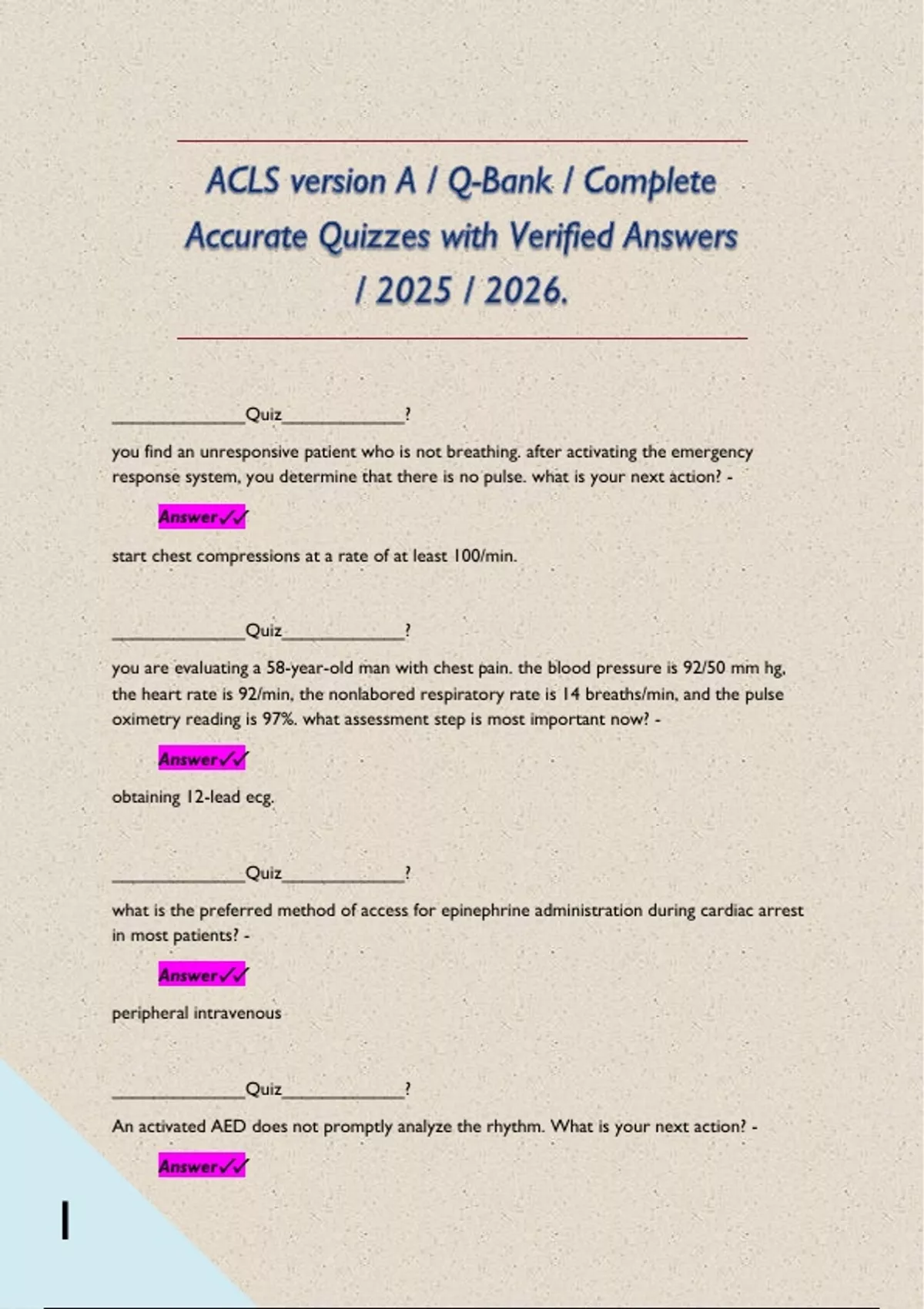 ACLS version A / Q-Bank / Complete Accurate Quizzes with Verified Answers / 2025 / 2026. - ACLS ...
