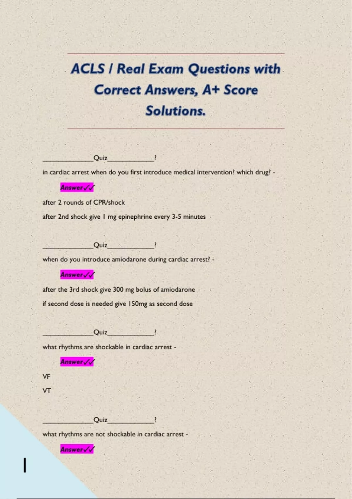 Acls Study Guide Key Questions With 100 Correct Answers Acls