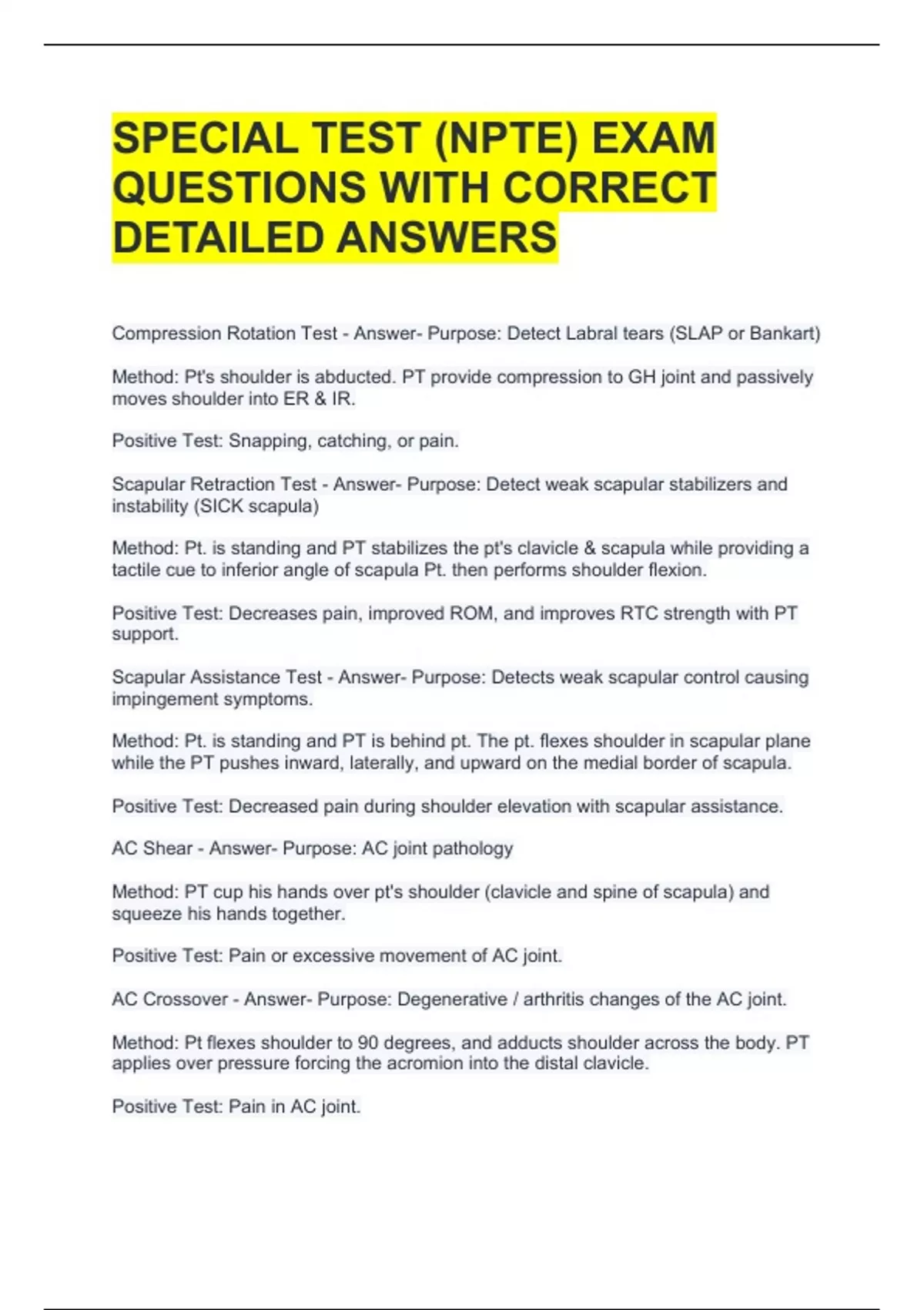 SPECIAL TEST (NPTE) EXAM QUESTIONS WITH CORRECT DETAILED ANSWERS - NPTE ...