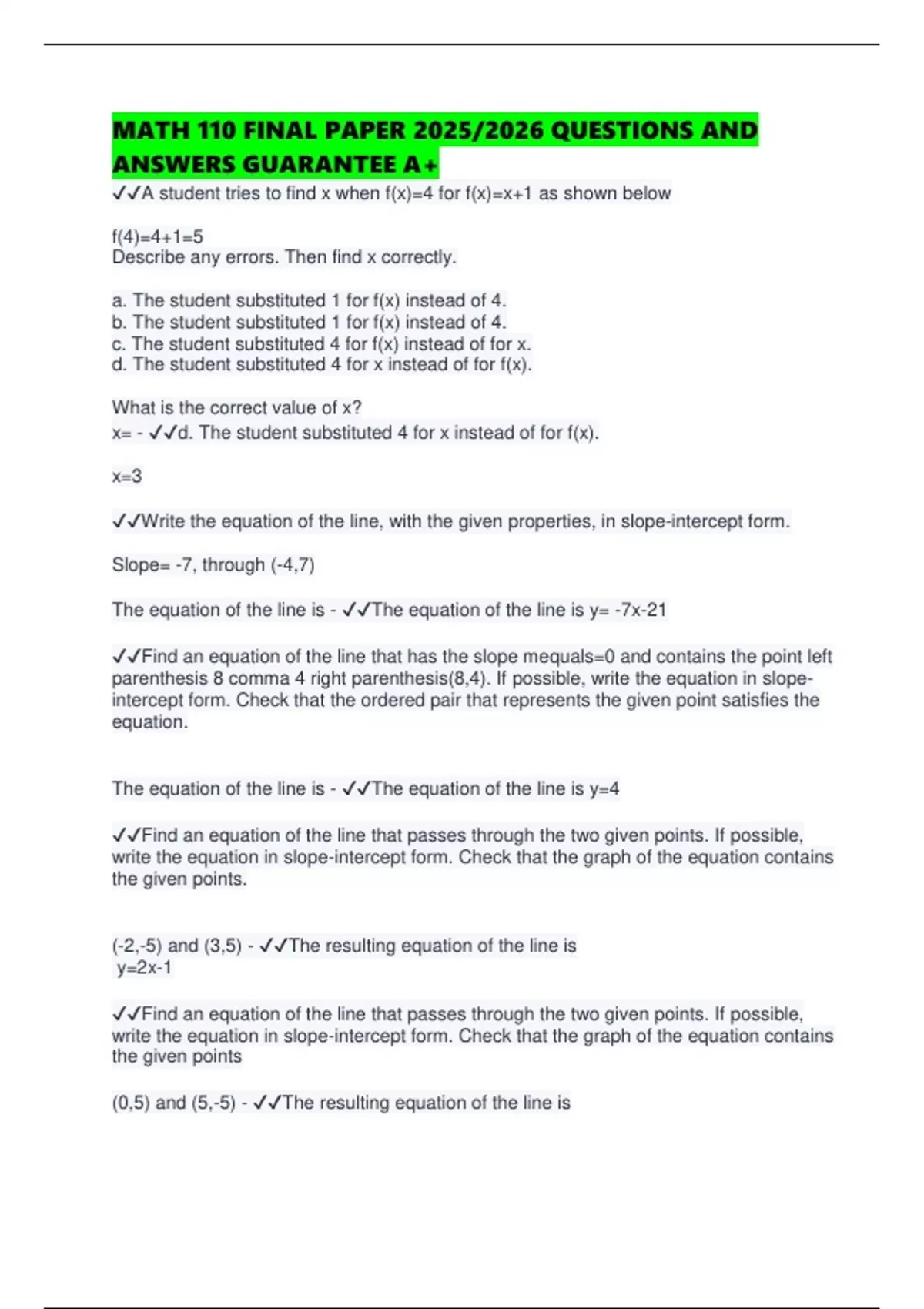 MATH 110 FINAL PAPER 2025/2026 QUESTIONS AND ANSWERS GUARANTEE A+ ...