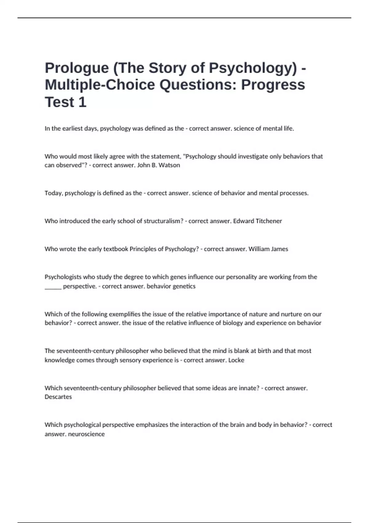 Prologue (The Story of Psychology) - Multiple-Choice Questions ...