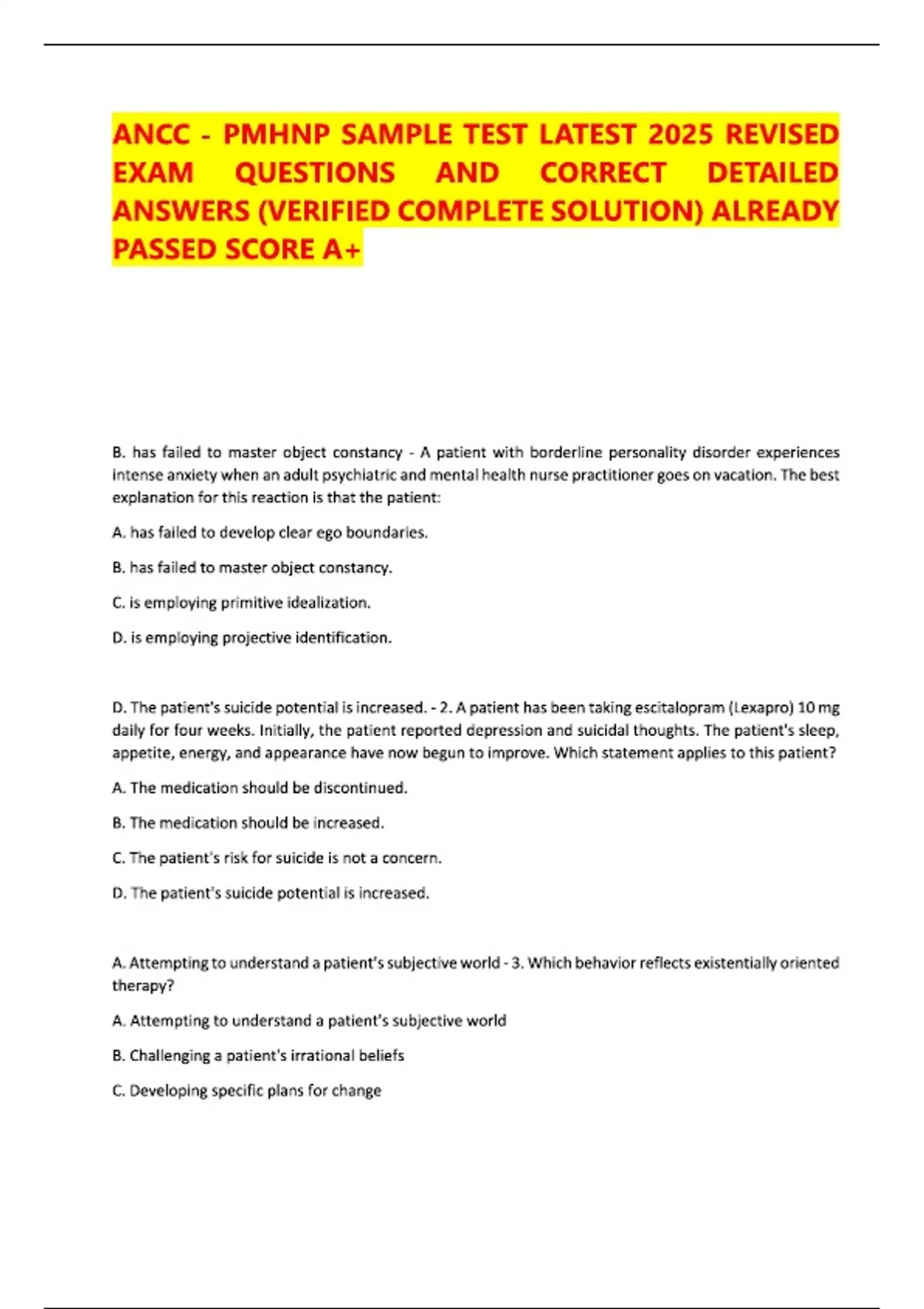 ANCC - PMHNP SAMPLE TEST LATEST 2025 REVISED EXAM QUESTIONS AND CORRECT ...