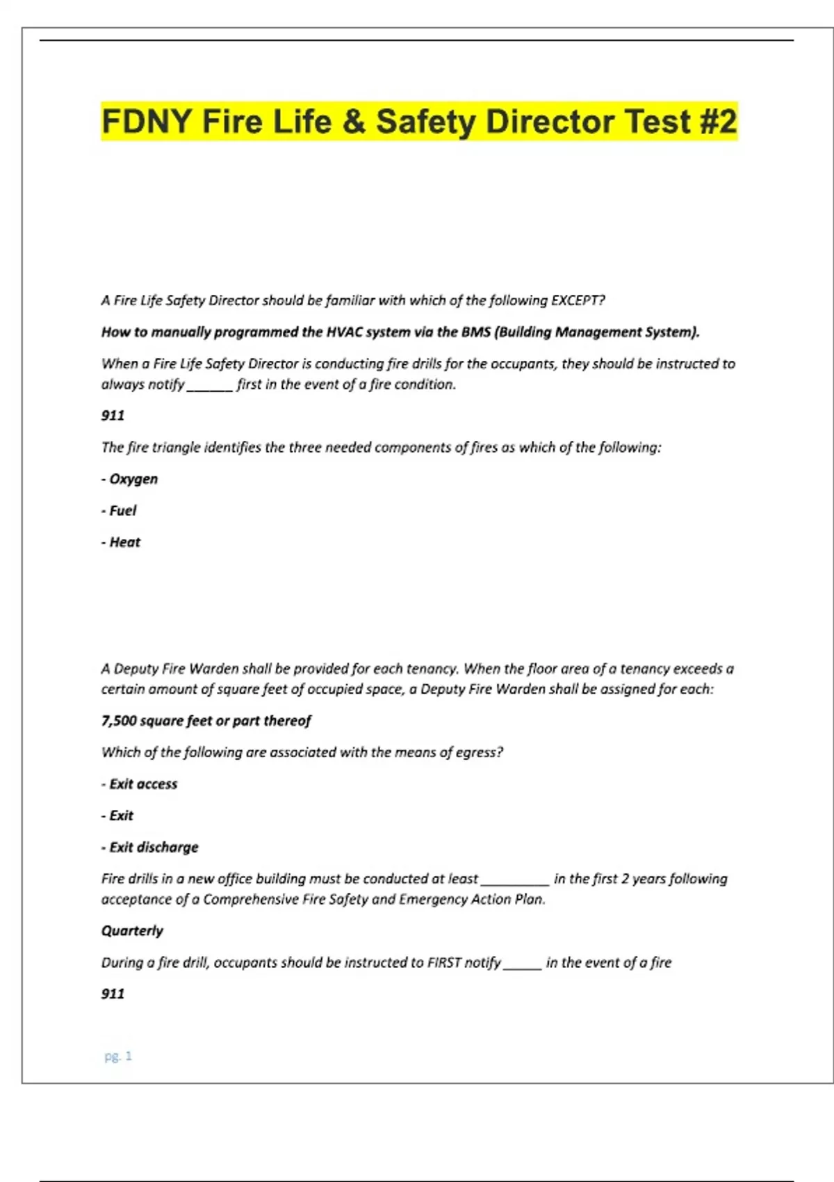 FDNY Fire Life & Safety Director Test 2Exam Questions with Correct ...